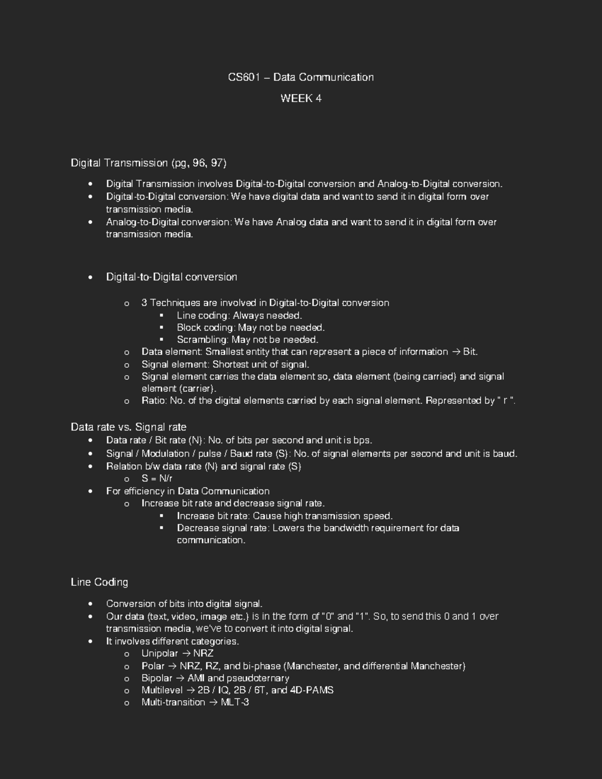 Week 4 CS601 - CS601 – Data Communication WEEK 4 Digital Transmission ...