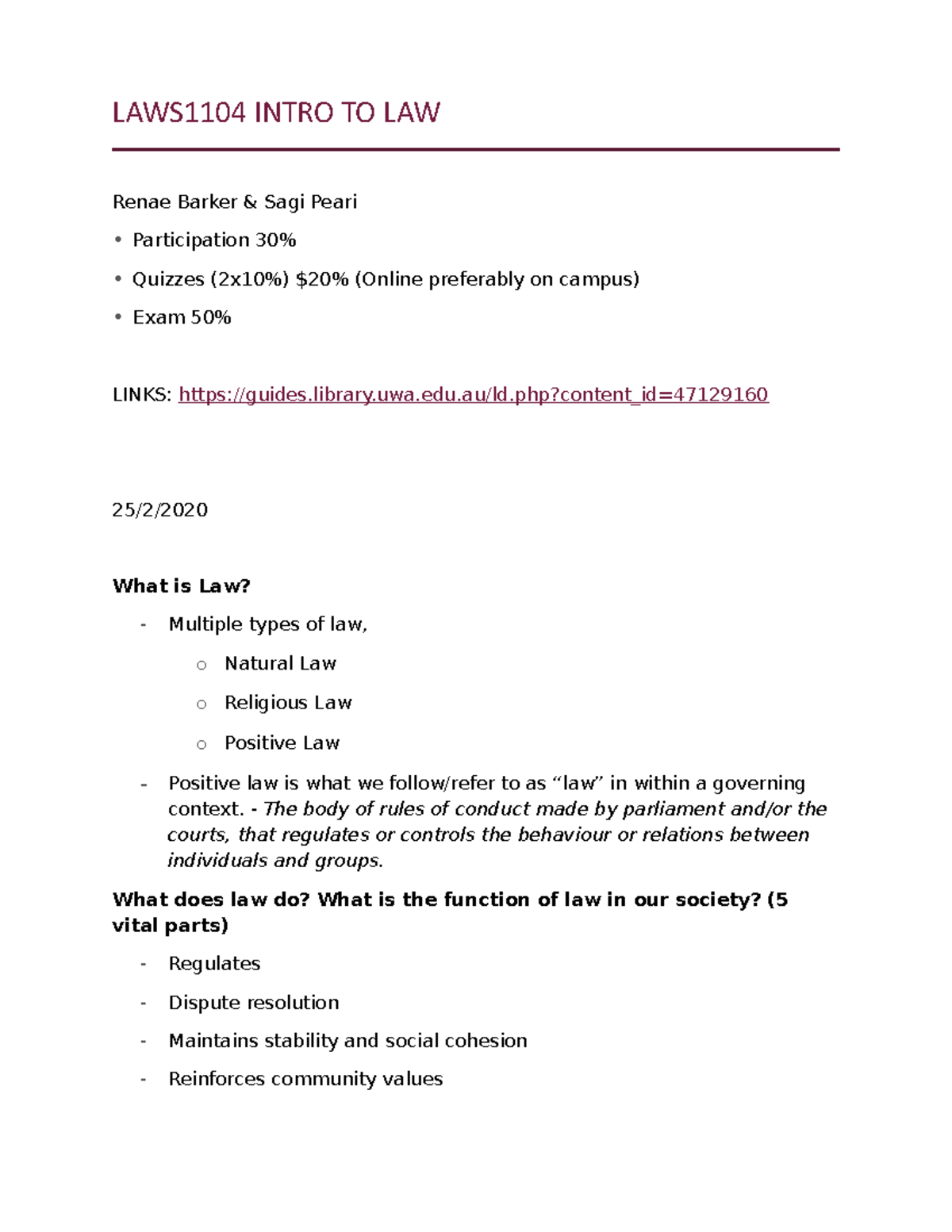 LAWS1104 Intro TO LAW - Week 1-2 - LAWS1104 INTRO TO LAW Renae Barker ...