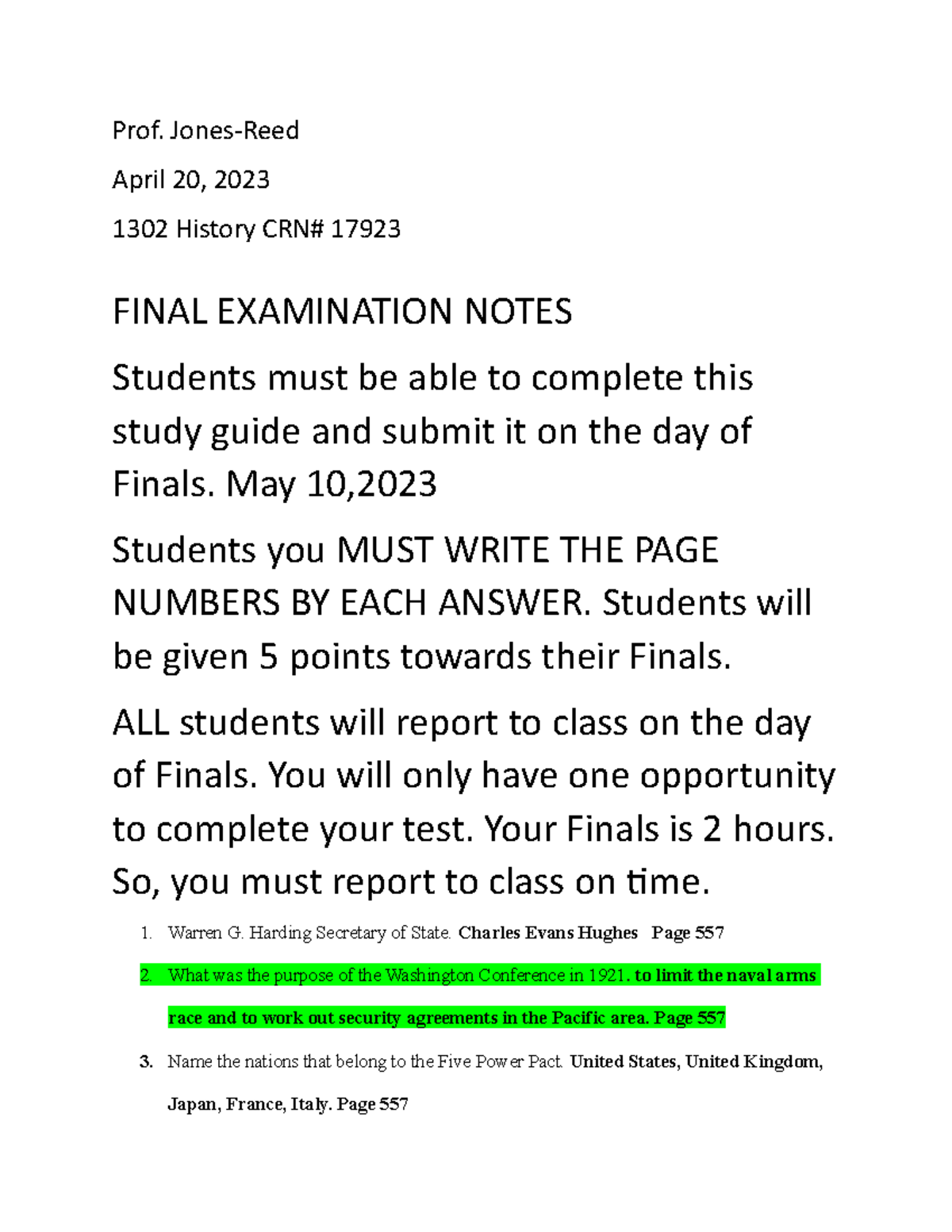 Group 1302 Final Examination Review Questions CRN ^ Lllln 17923 - Prof ...