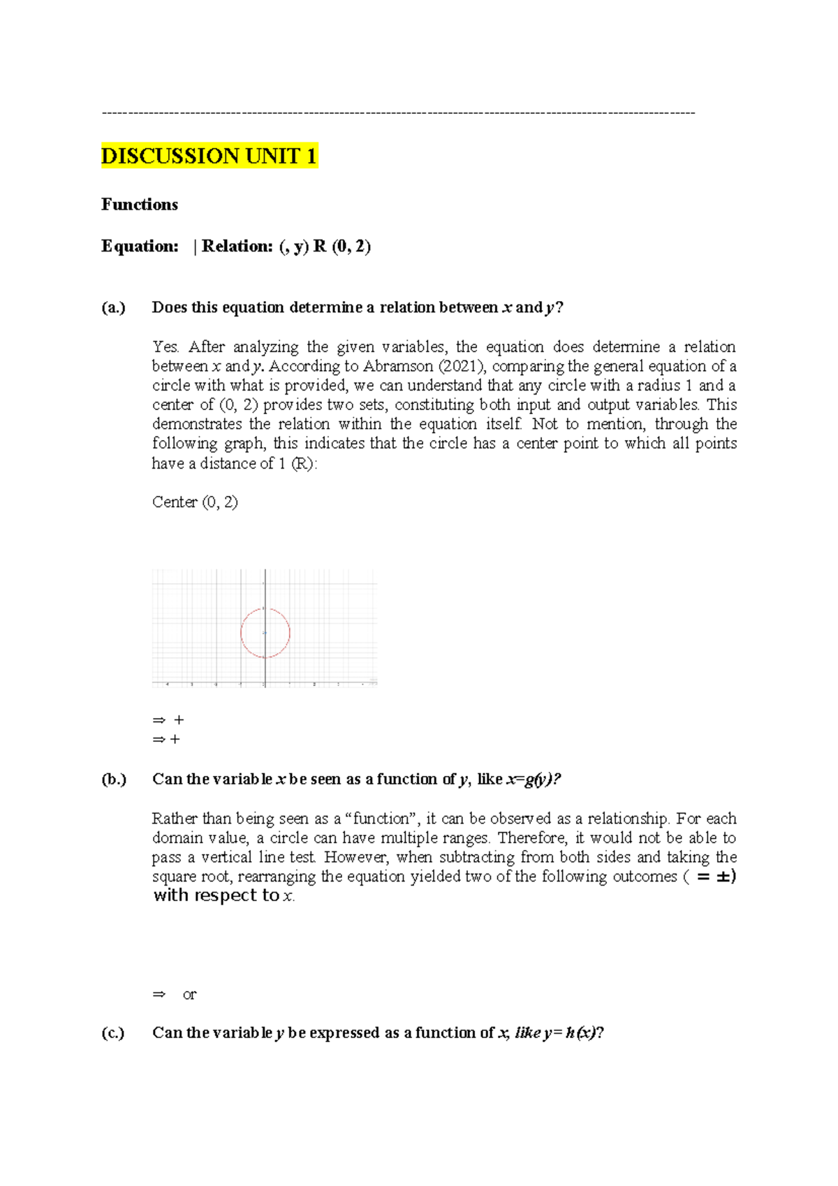 Math 1201 - Algebra Discussion Unit 1 - DISCUSSION UNIT 1 Functions ...