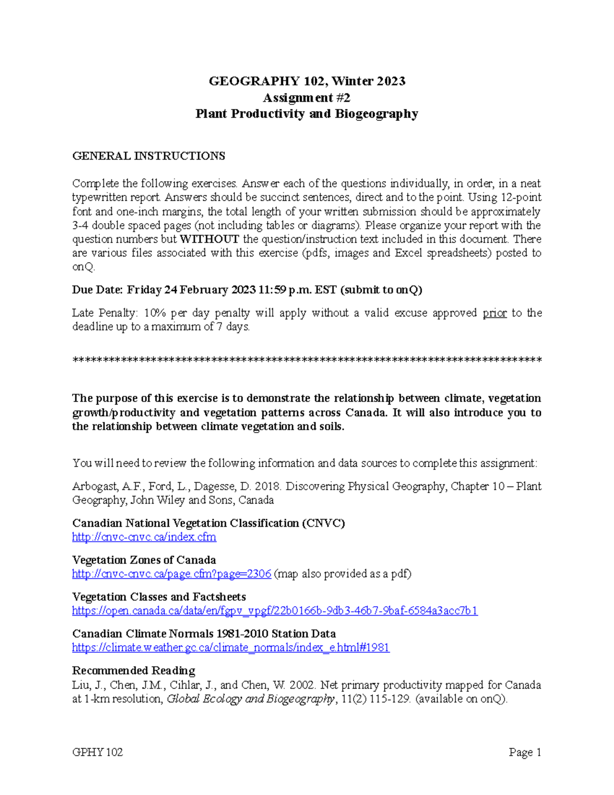Assignment 2 W23 - Plant Productivity and Biogeography - GEOGRAPHY 102, Winter 2023 Assignment ...