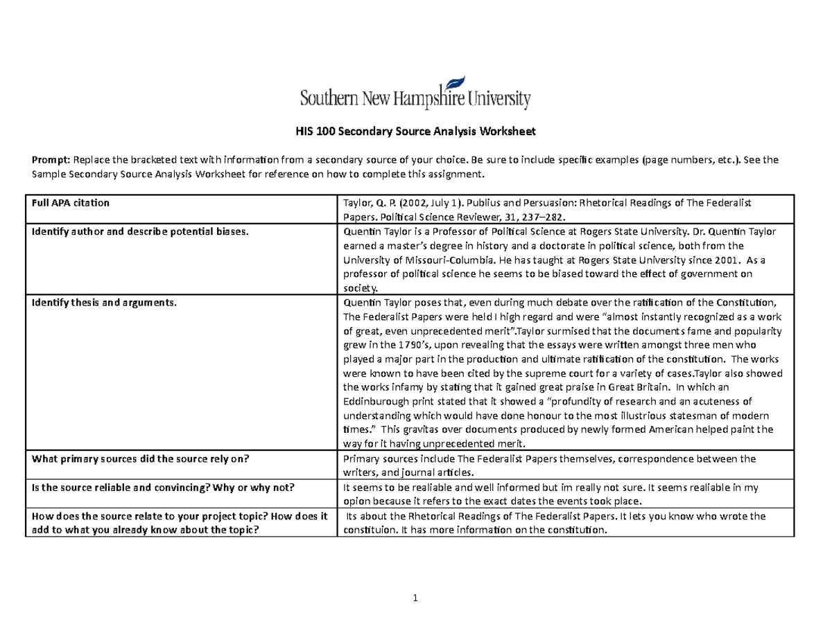 HIS 100 Secondary Source Analysis Worksheet - HIS 100 Secondary Source ...