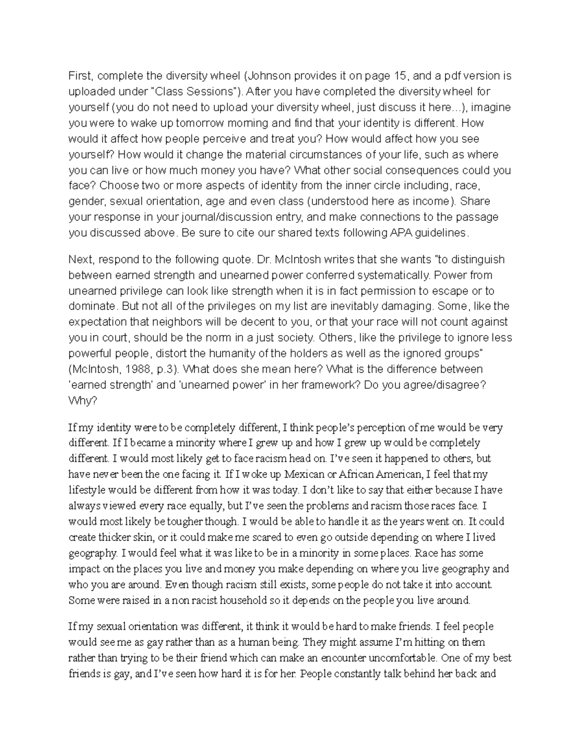 Diversity Wheel Journal - First, complete the diversity wheel (Johnson ...