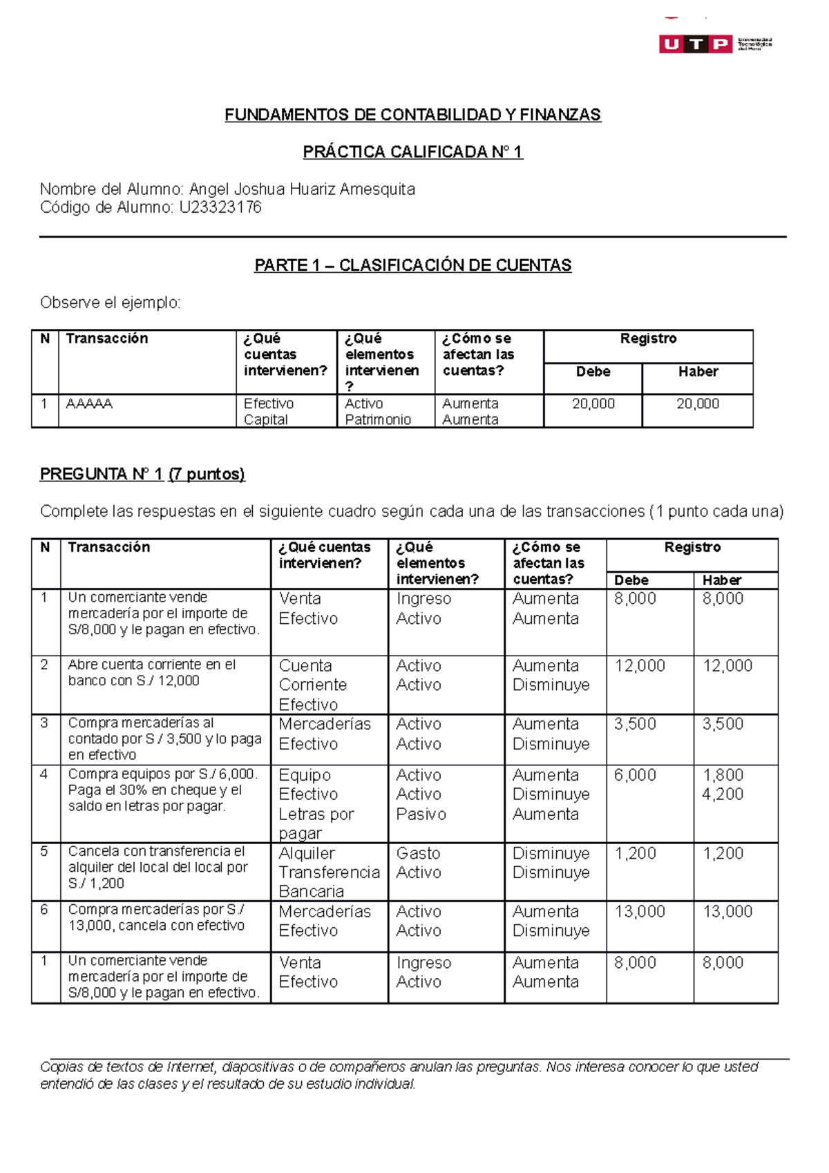 PC1 Joshua Huariz - PC1 - FUNDAMENTOS DE CONTABILIDAD Y FINANZAS ...