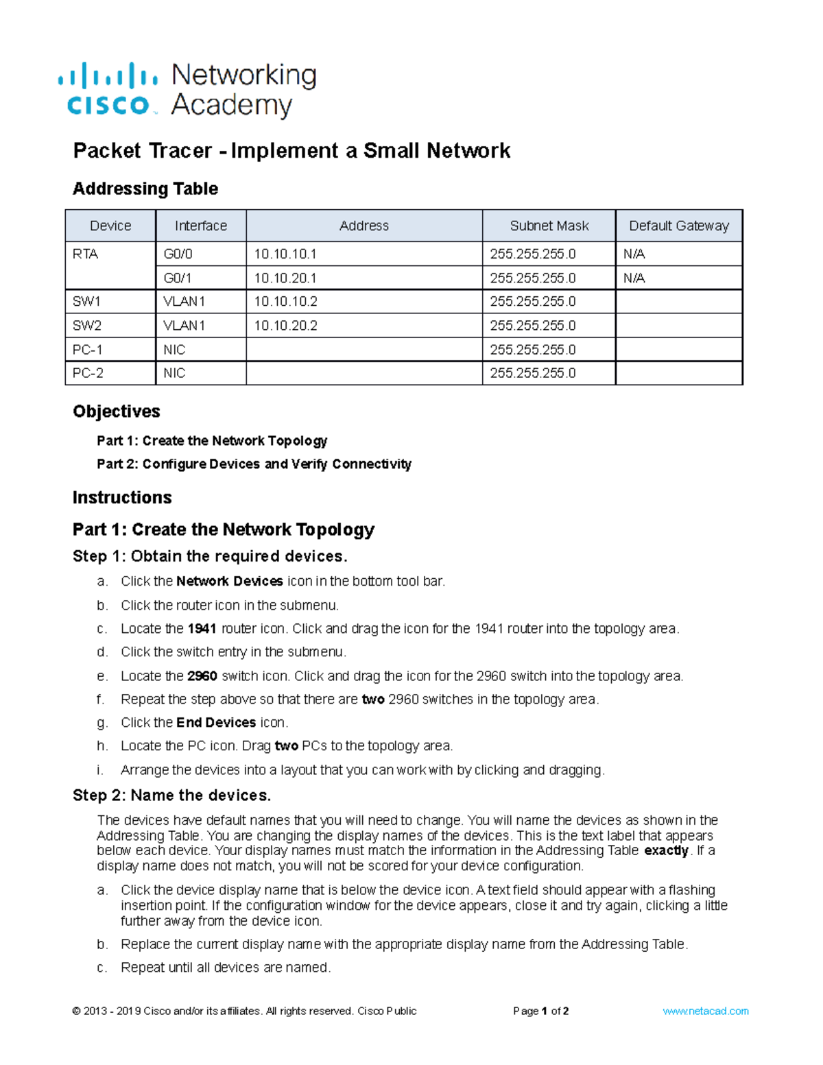 161 Packet Tracer Implement A Small Network Packet Tracer Implement A Small Network