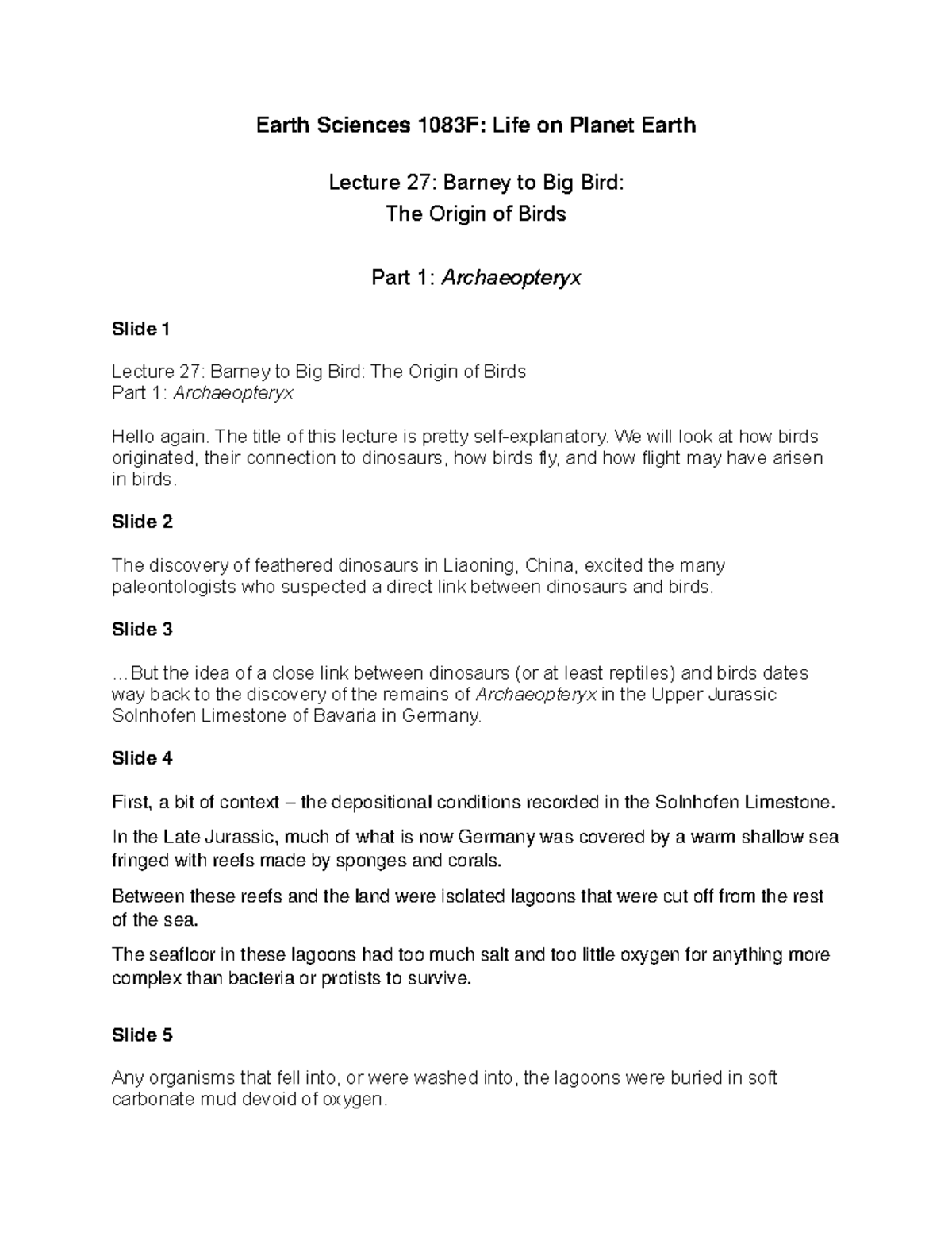 ES1083F Lecture 27 transcriptscombined - Earth Sciences 1083F: Life on ...