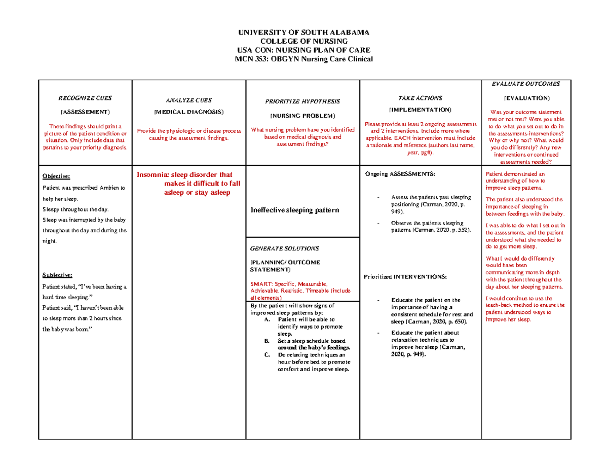 OB Care Plan - Lecture notes - UNIVERSITY OF SOUTH ALABAMA COLLEGE OF ...
