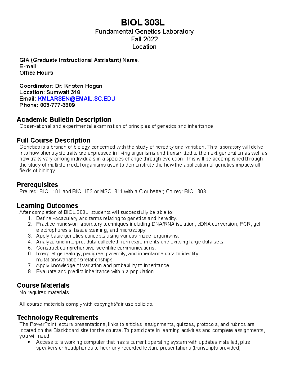 BIOL 303 L Syllabus CIEL + Grade Policy Fall Final - BIOL 303L Fundamental Genetics Laboratory ...