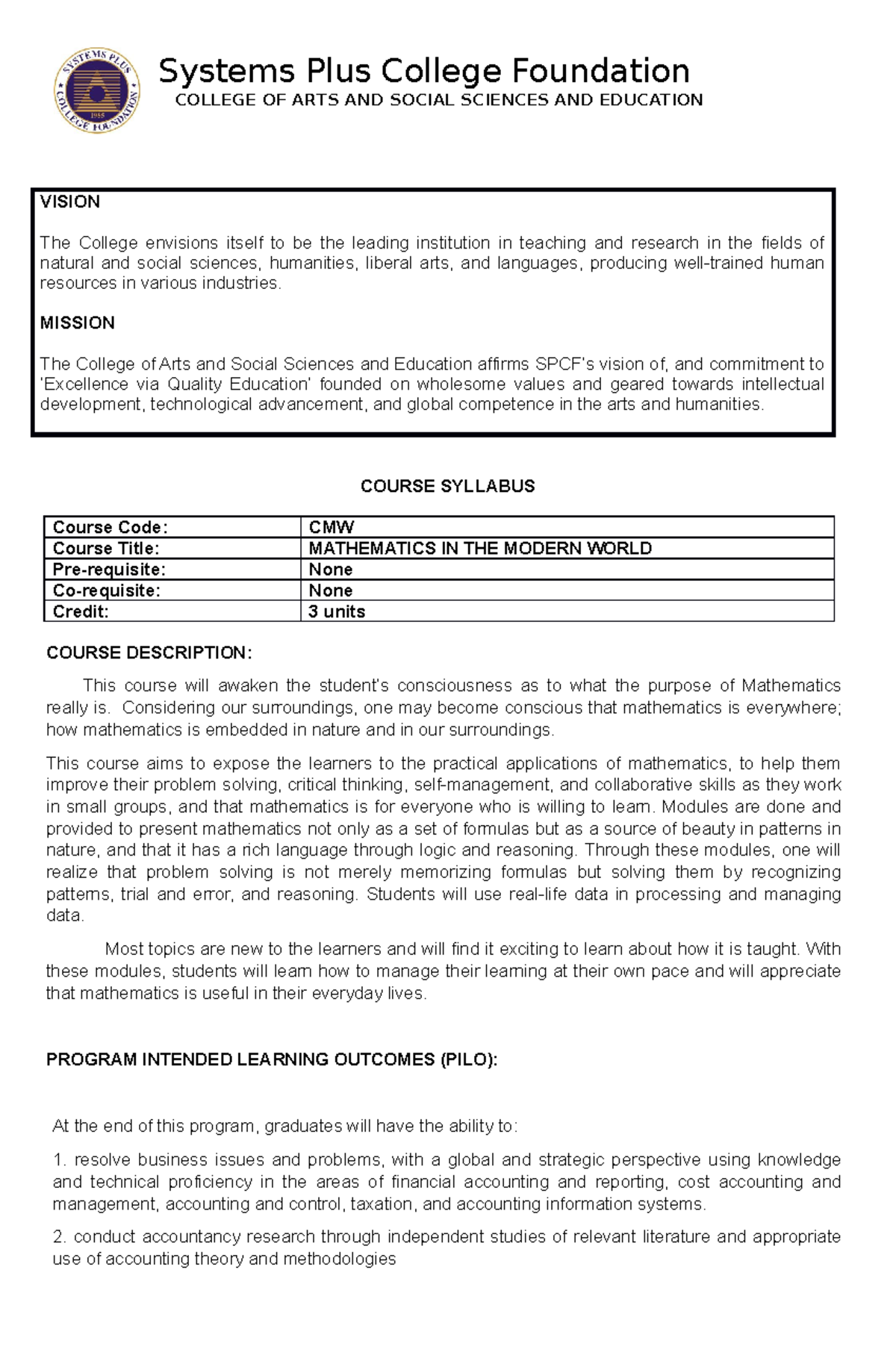 CMW-Mathematics in the Modern World Syllabus - Systems Plus College ...