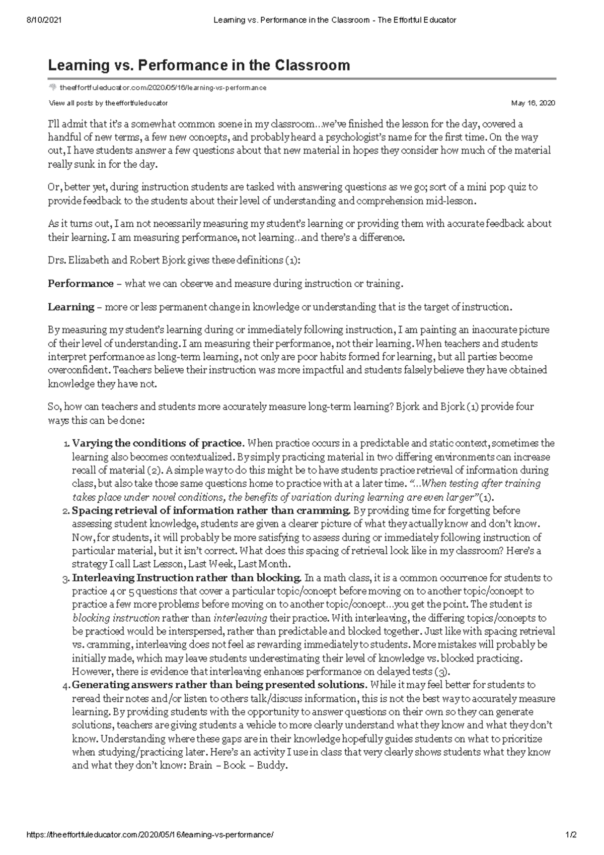 Learning+vs - notes - 8/10/2021 Learning vs. Performance in the ...