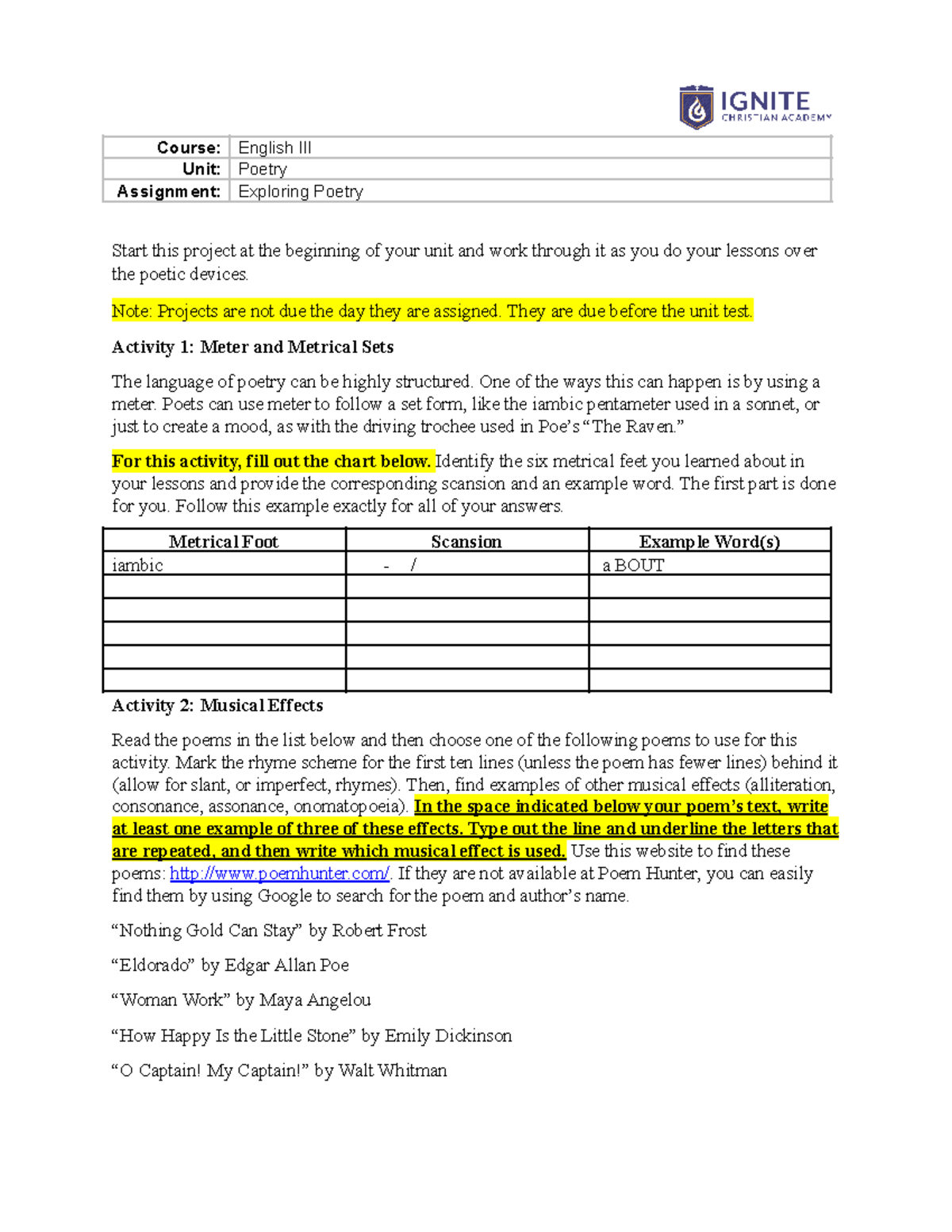 Copy of Last Name L1105 Poetry Project - Course: English III Unit ...