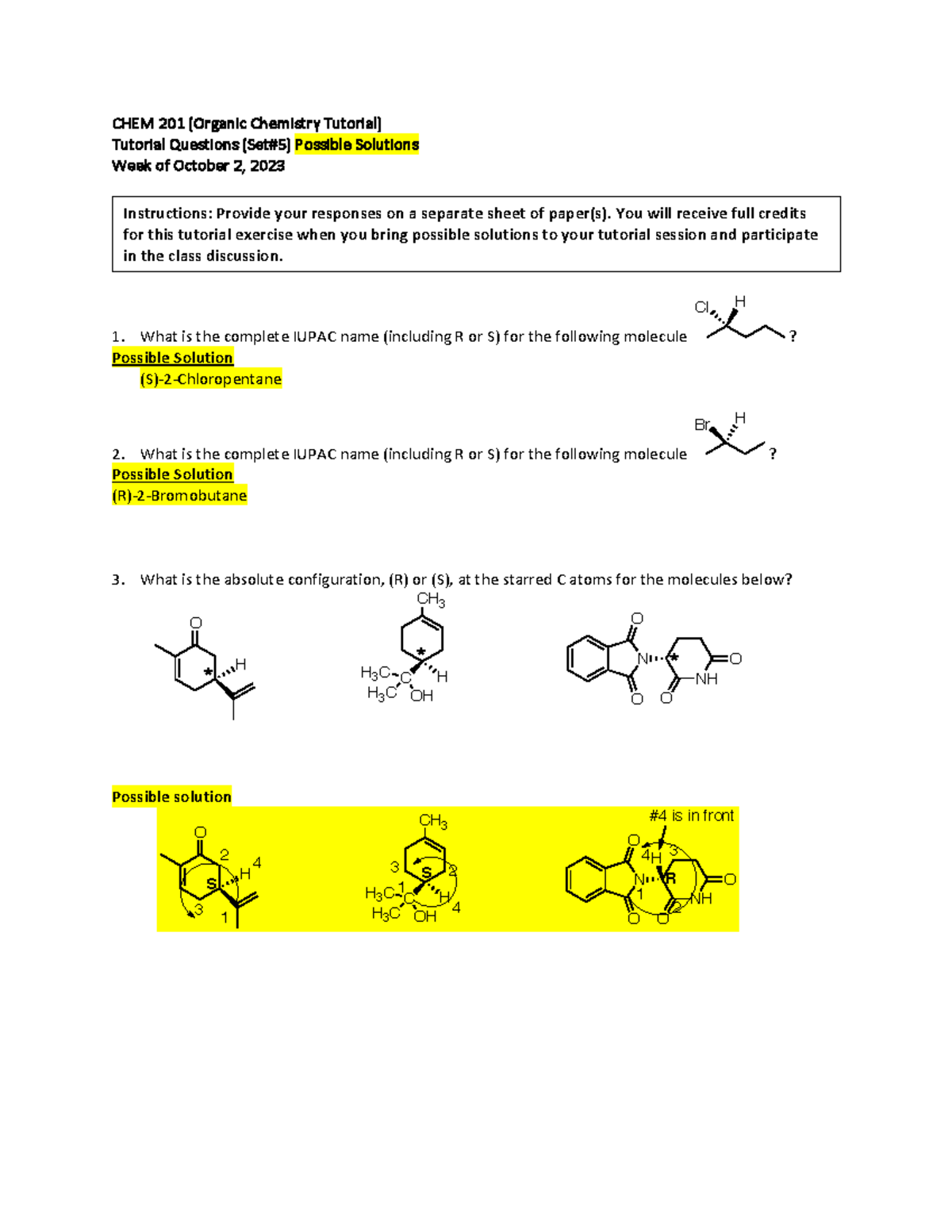 CHEM201 (Set#5) Fall2023 Key - CHEM 201 (Organic Chemistry Tutorial ...