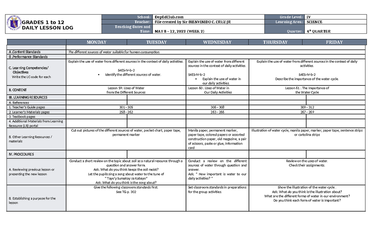 DLL Science 4 Q4 W2 - This file will help future teacher in creating ...