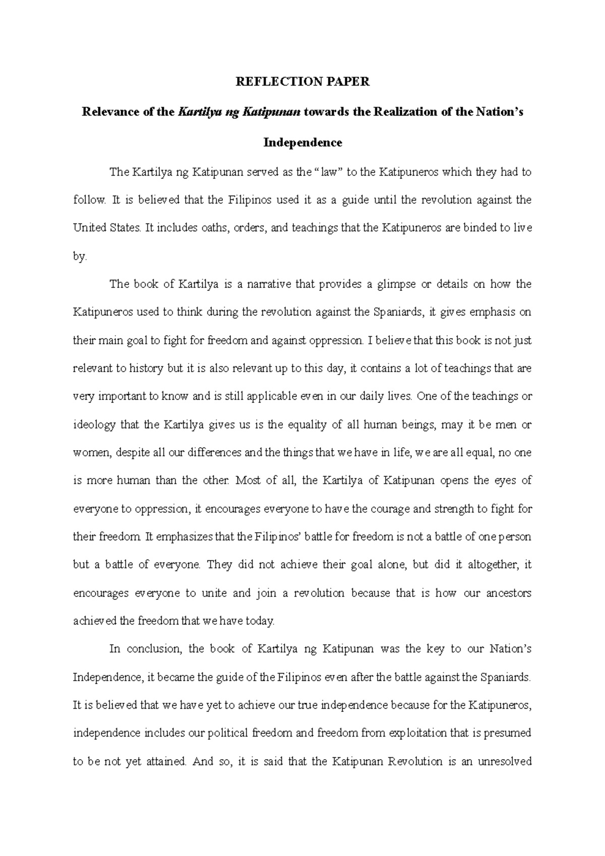 Assessment #4 - RIPH - REFLECTION PAPER Relevance of the Kartilya ng ...