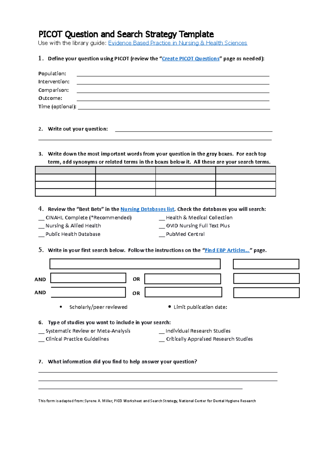 Picot Question and Search Strategy Template - PICOT Question and Search ...