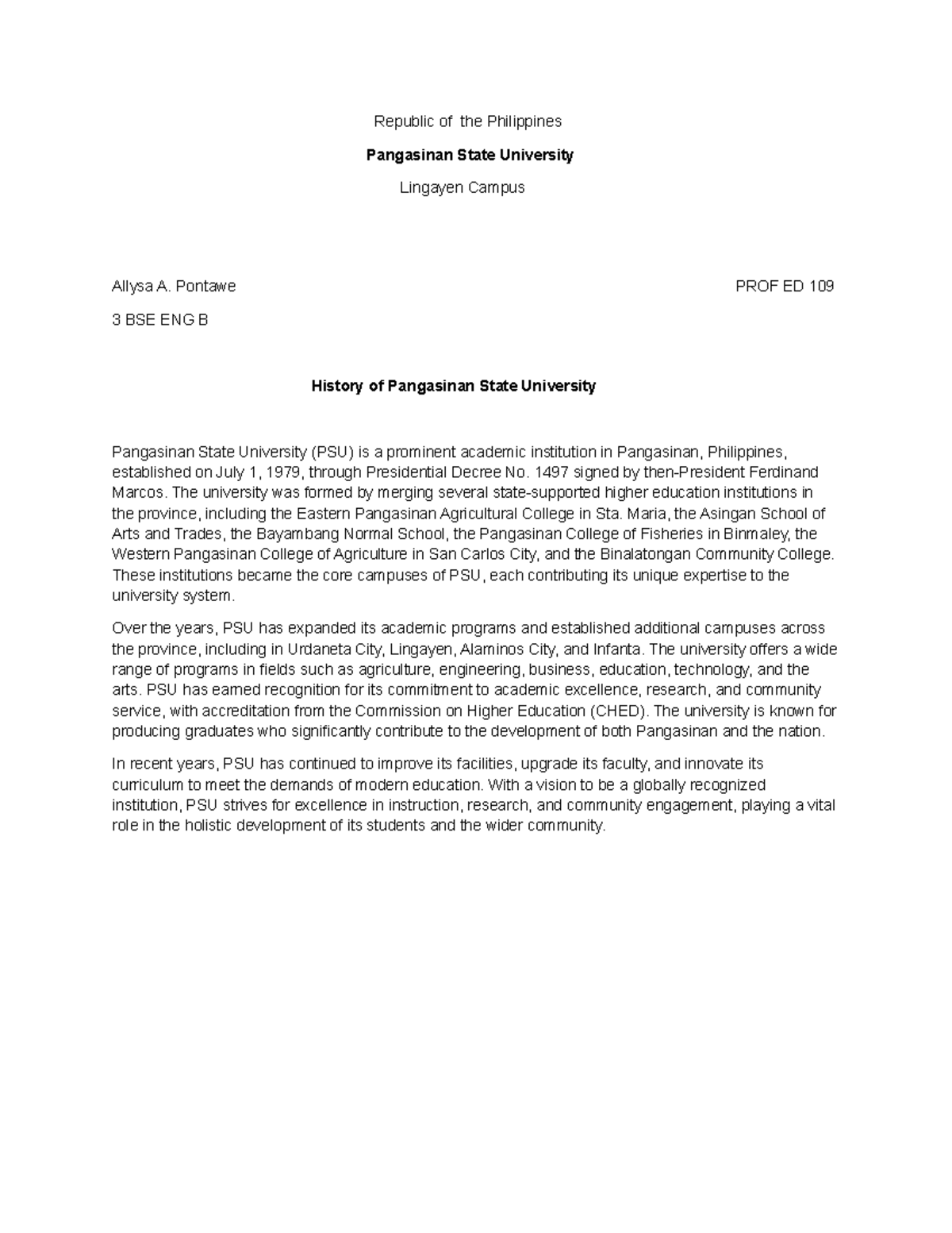 PSU - ESSAY - Republic of the Philippines Pangasinan State University ...
