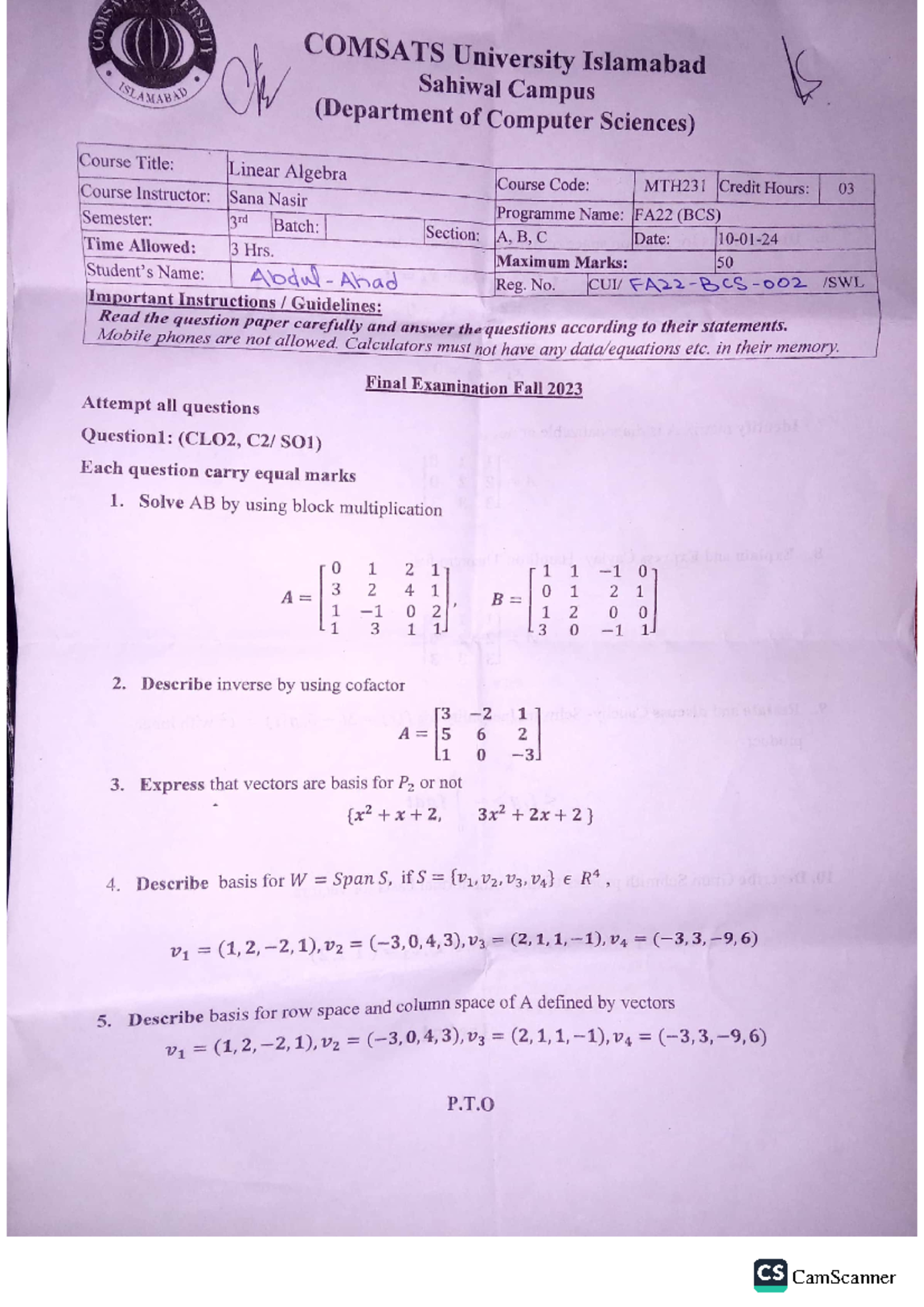 LA - Terminal FA22 - MTH231 - Linear Algebra - CamScanner CamScanner - Studocu