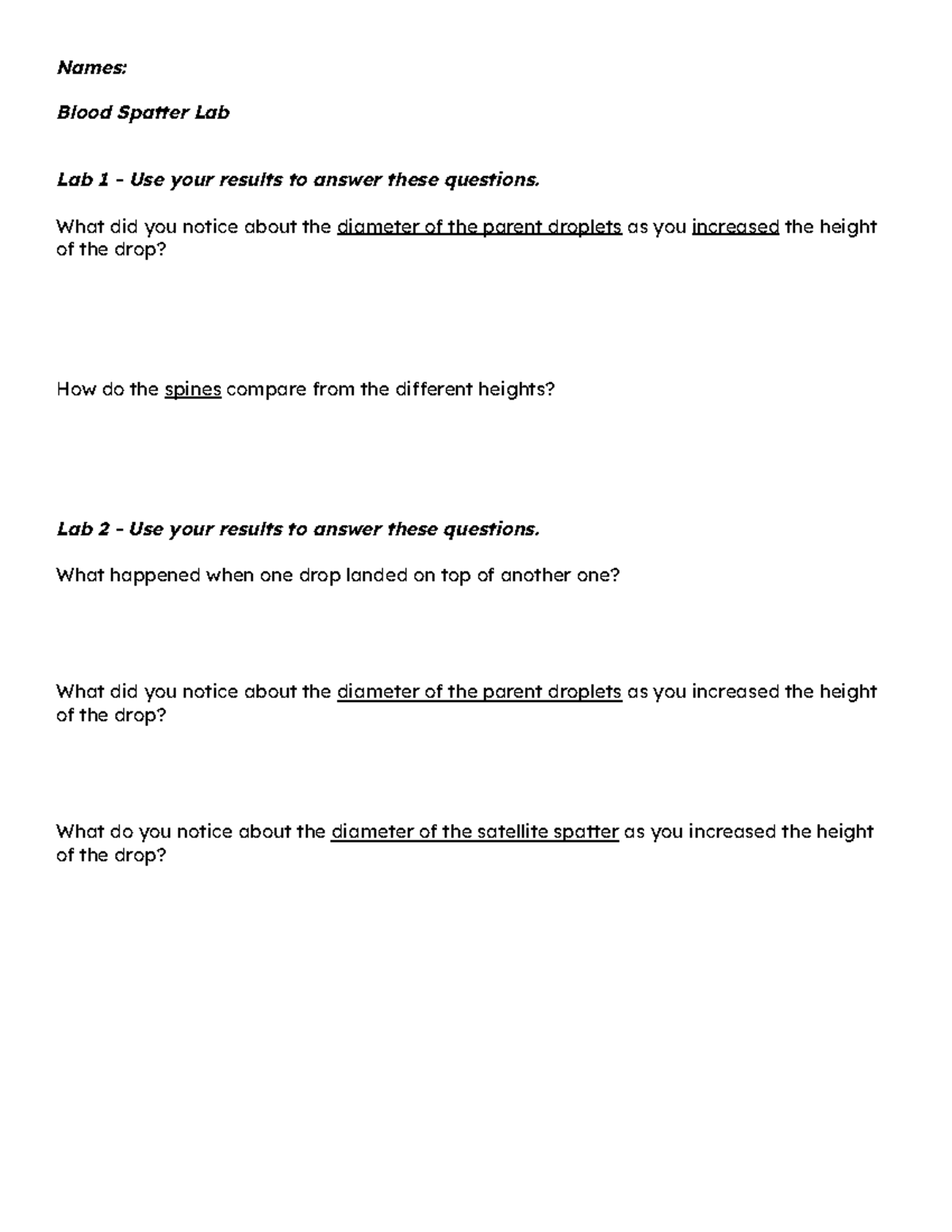 Blood Spatter Lab Sheet - Names: Blood Spatter Lab Lab 1 - Use your ...