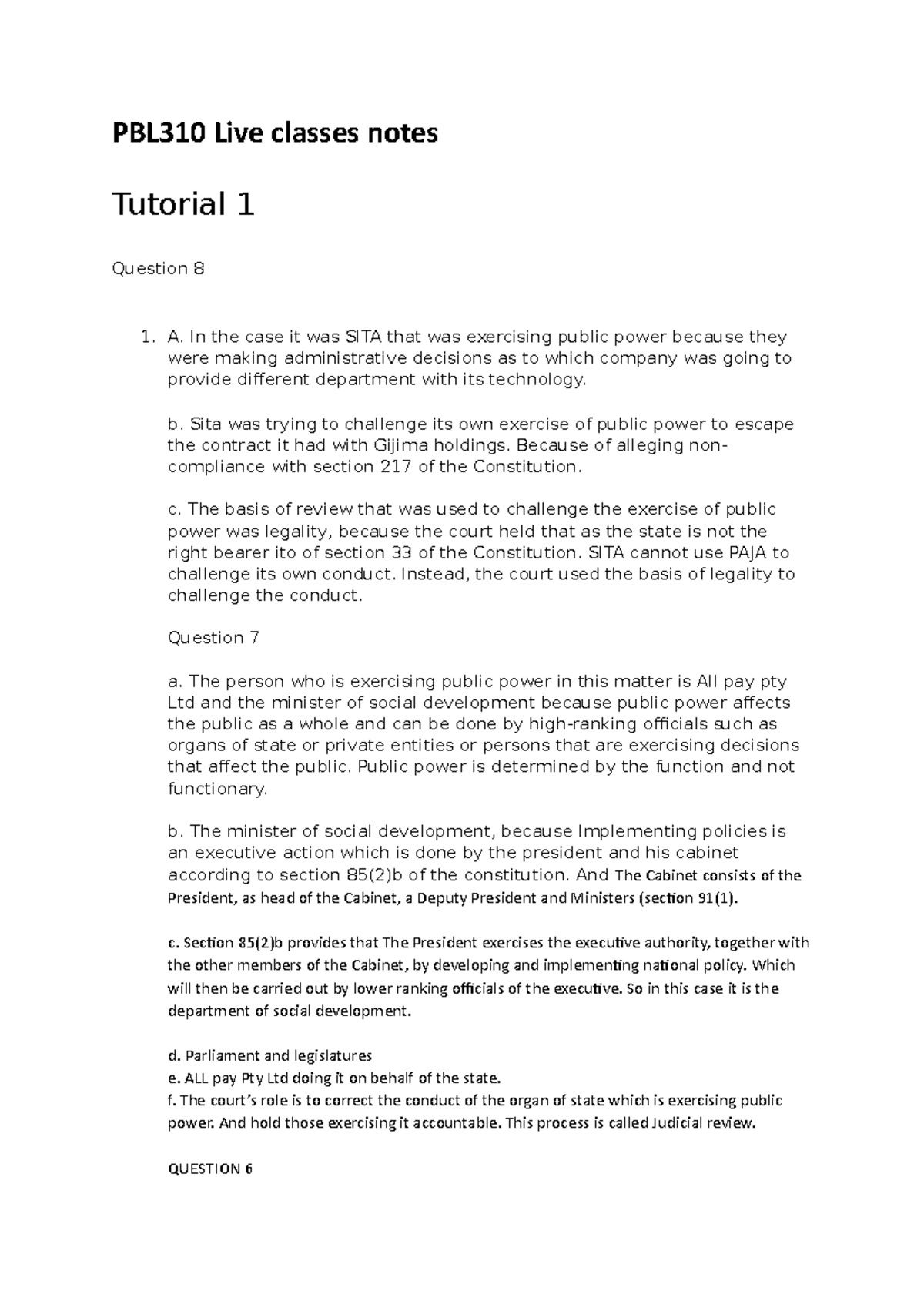 PBL310 Live classes notes - PBL310 Live classes notes Tutorial 1 ...