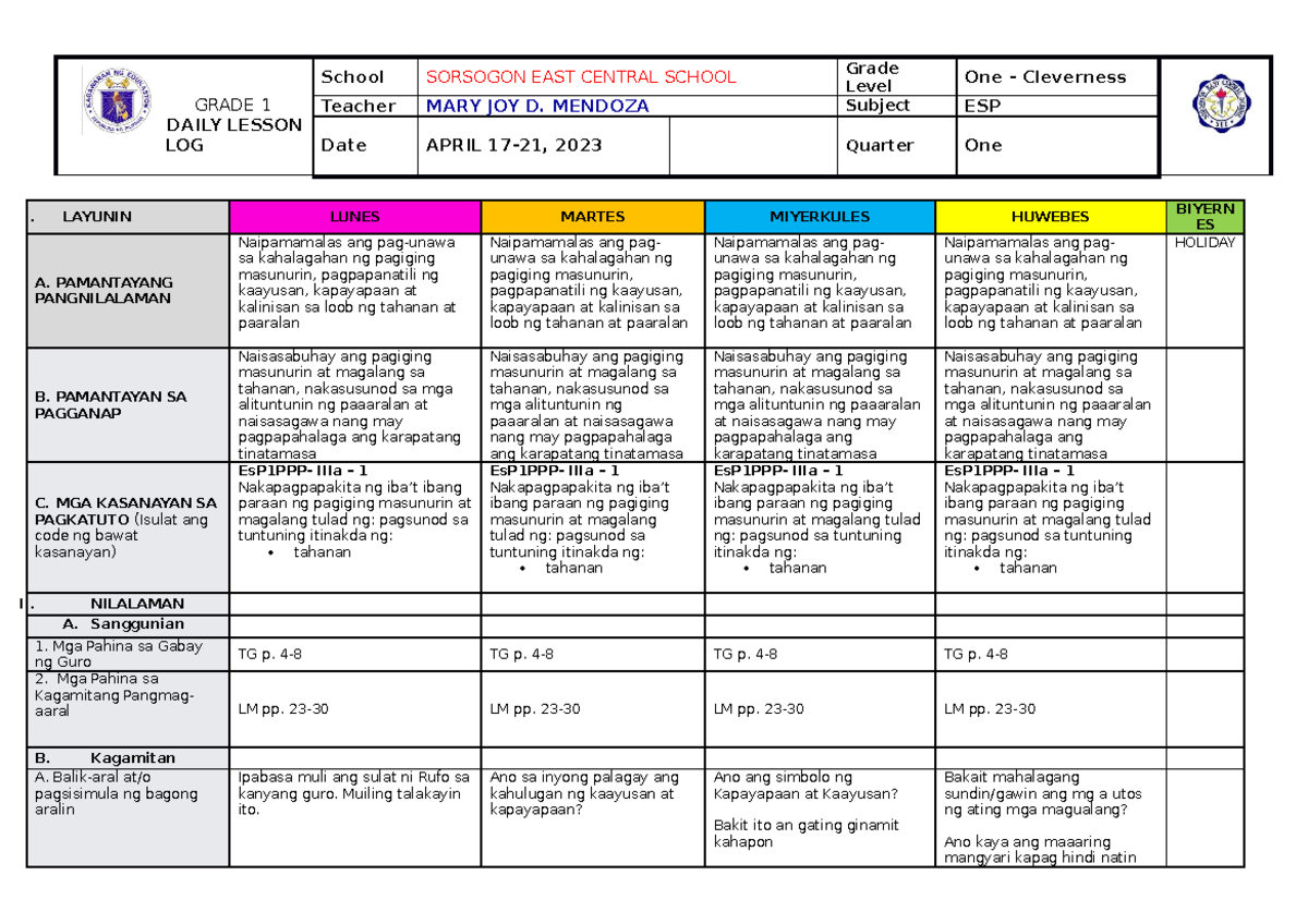 ESP Third Quarter WEEK 4 - GRADE 1 DAILY LESSON LOG School SORSOGON ...