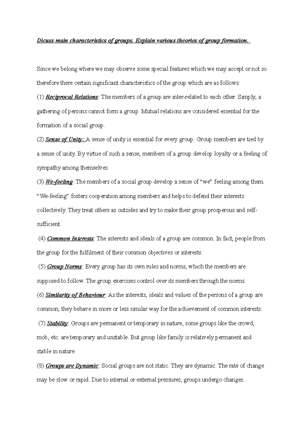 Characteristics of Groups and Various Theories of Group Formation ...