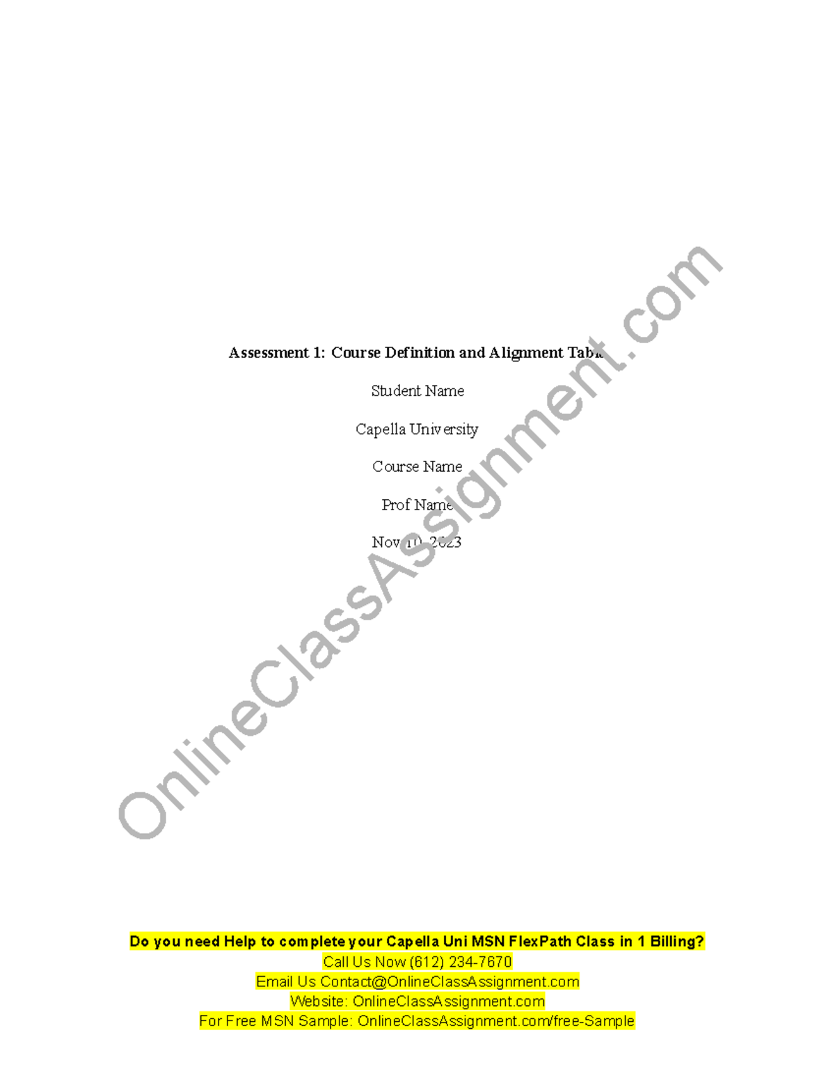 NURS FPX 6111 Assessment 1 Course Definition and Alignment Table ...