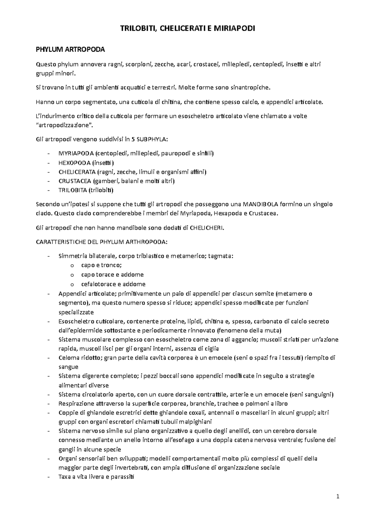 Chelicerati - slides + appunti libro - PHYLUM ARTROPODA Questo phylum ...