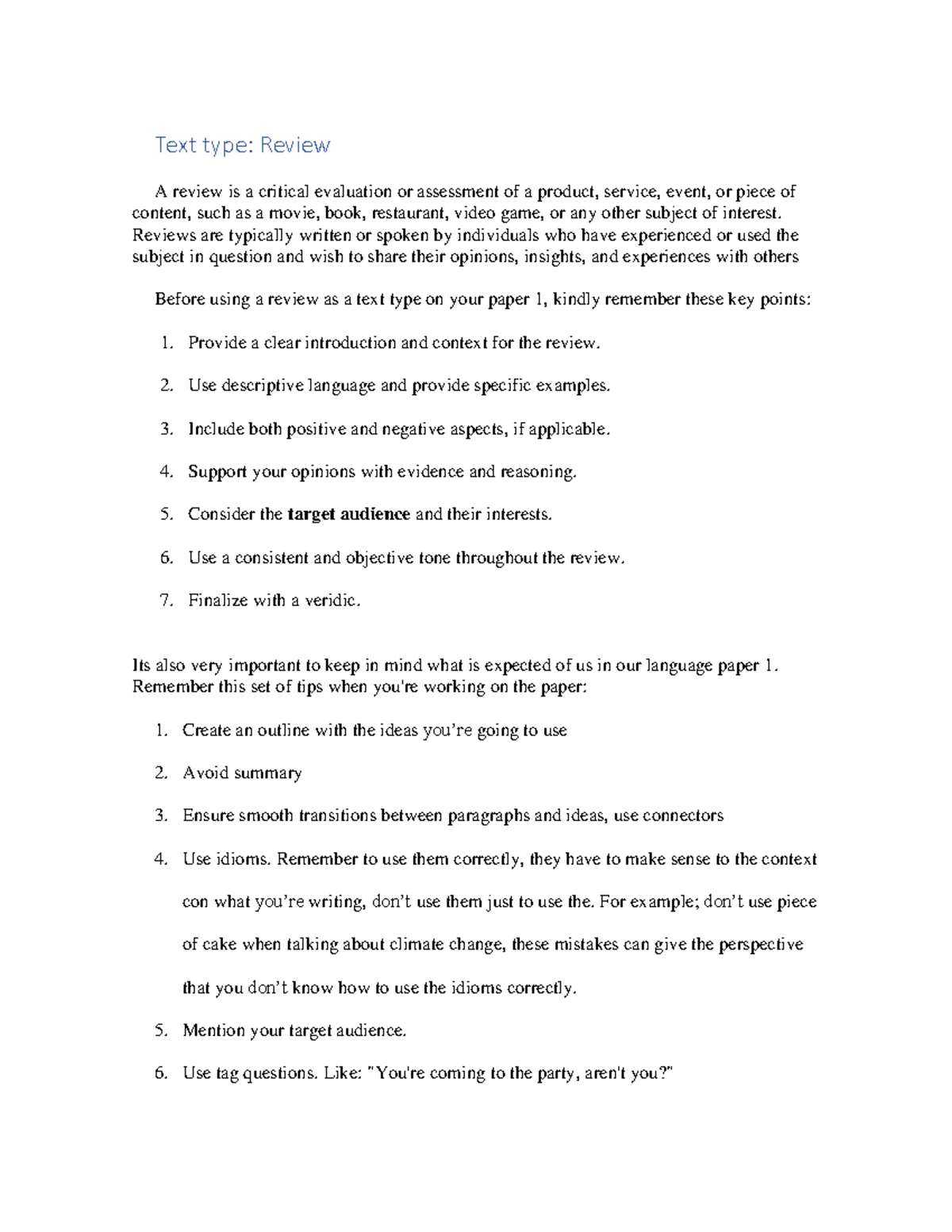 Text type review - Text type: Review A review is a critical evaluation ...