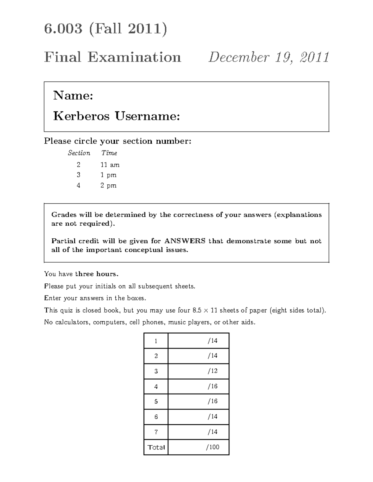 Final exam solution 1 - 6 (Fall 2011) Final Examination December 19 ...