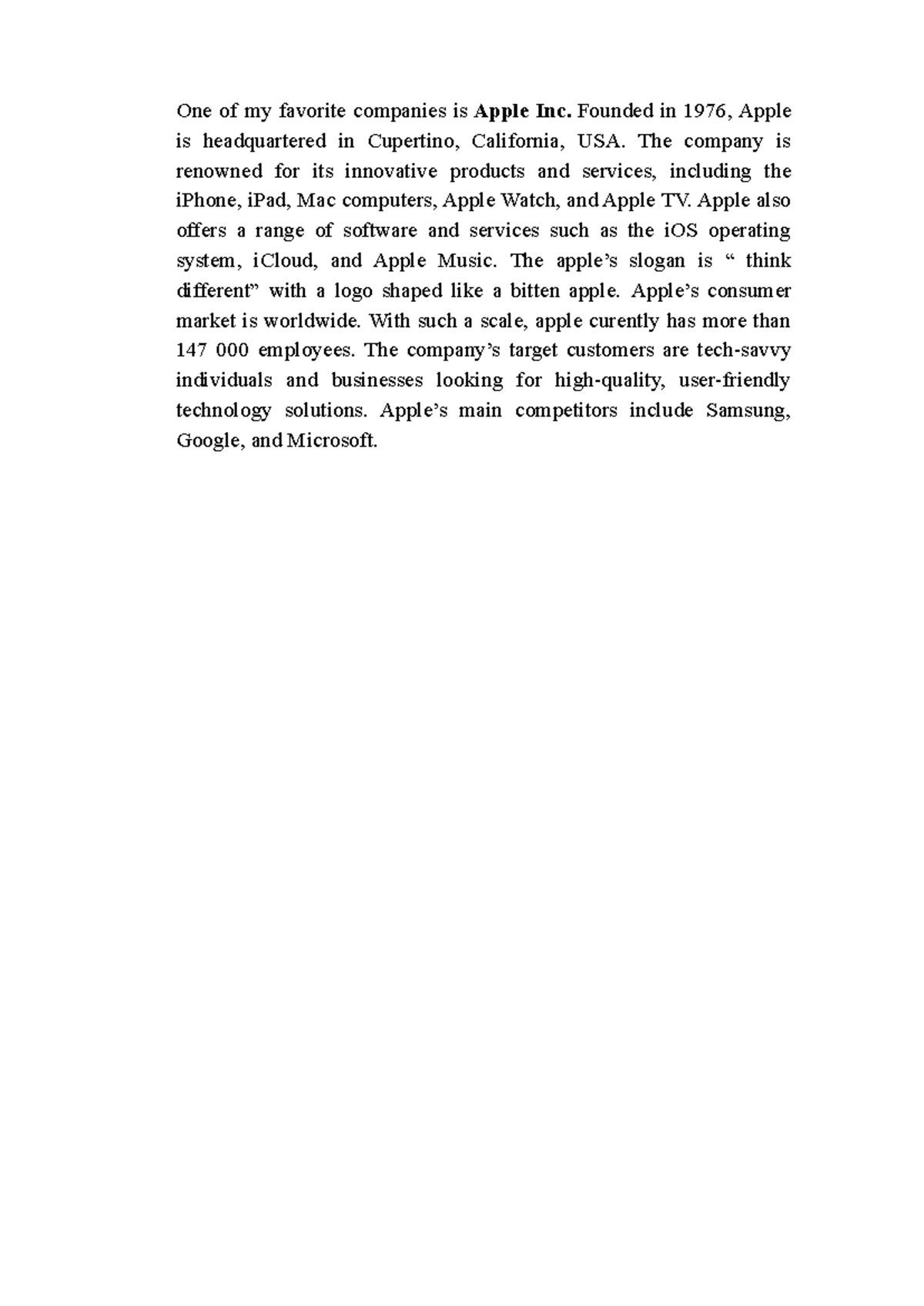 Writing u1 - One of my favorite companies is Apple Inc. Founded in 1976 ...