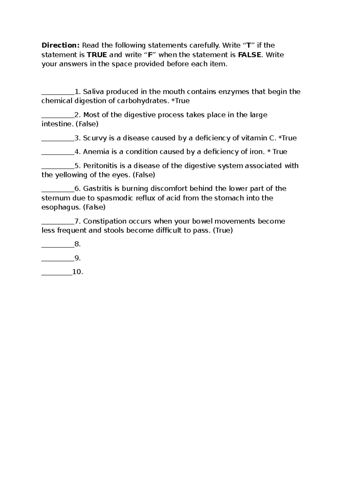 TRUE-or- False questionnaire - Direction: Read the following statements ...