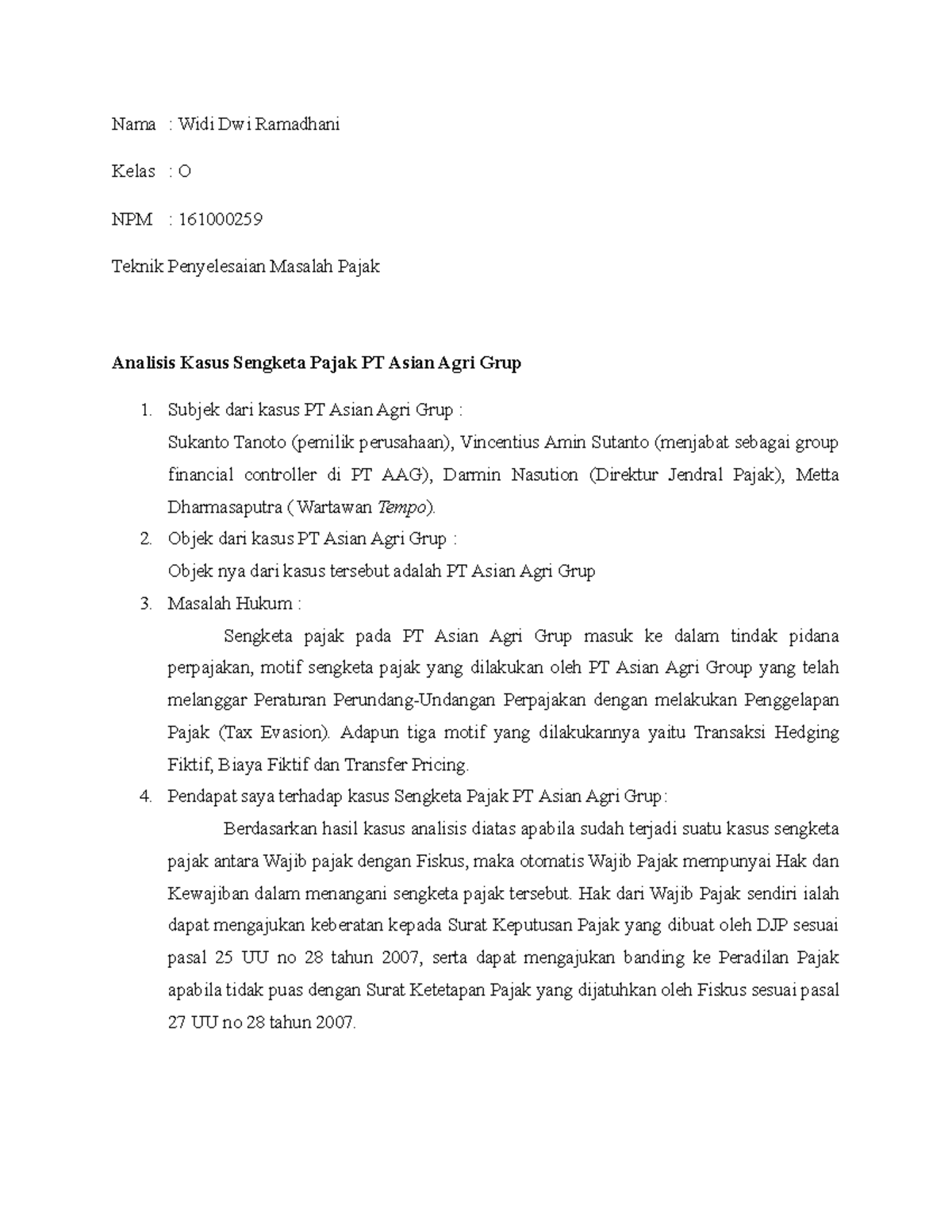 Analisis Kasus - tugas mata kuliah teknik penyelesaian masalah pajak - Nama : Widi Dwi Ramadhani ...