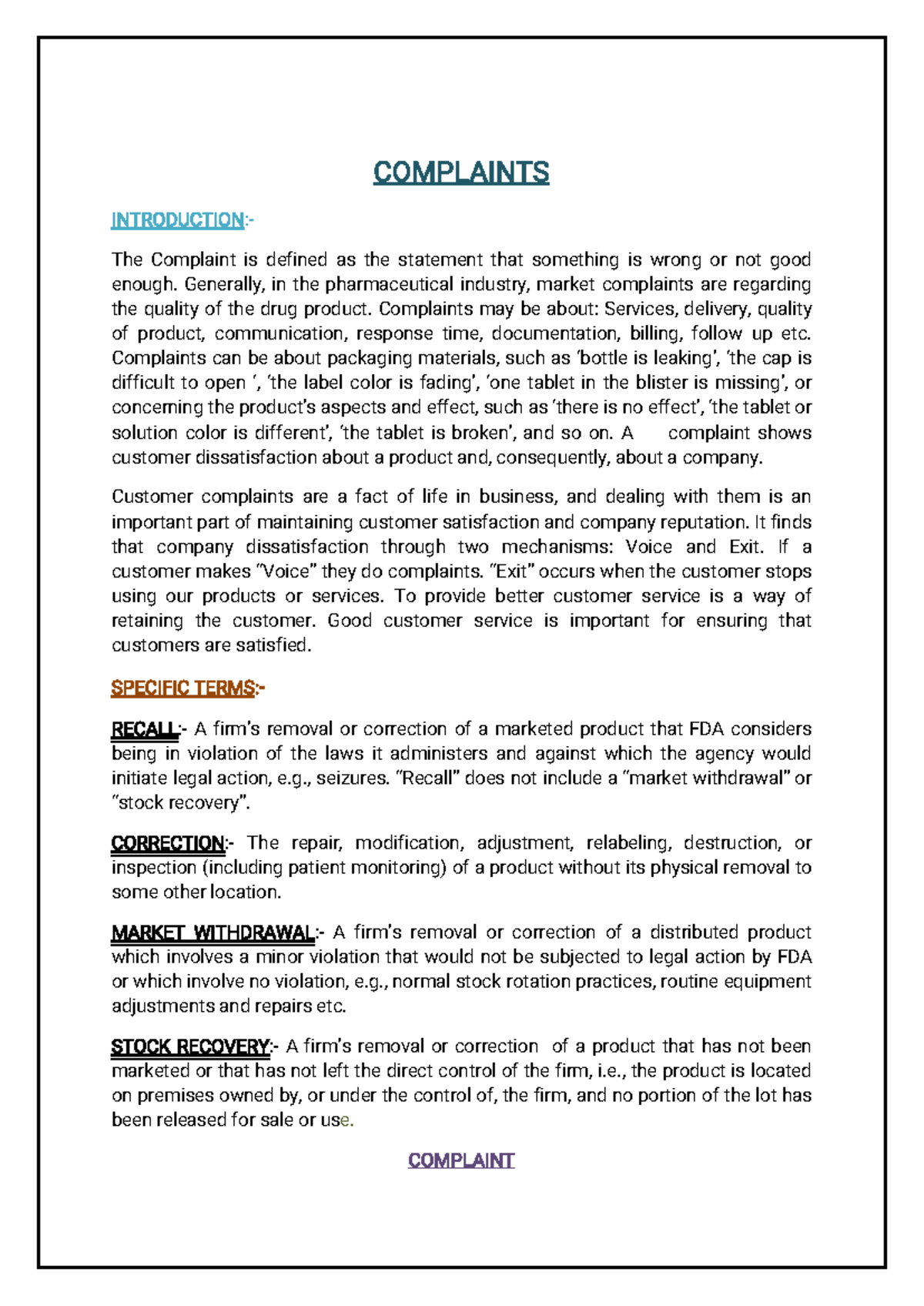 Complaints - Quality assurance unit 4 chapter 1 - COMPLAINTS ...