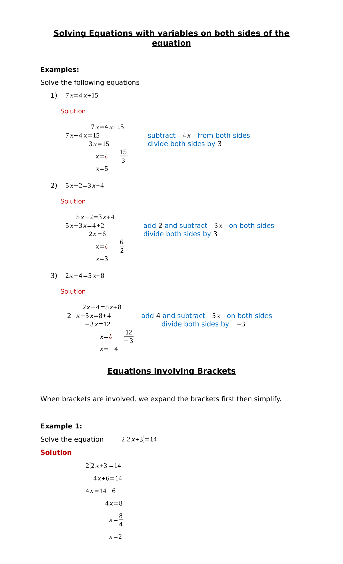 Solving Equations With Variable On Both Sides Of Equation Solving