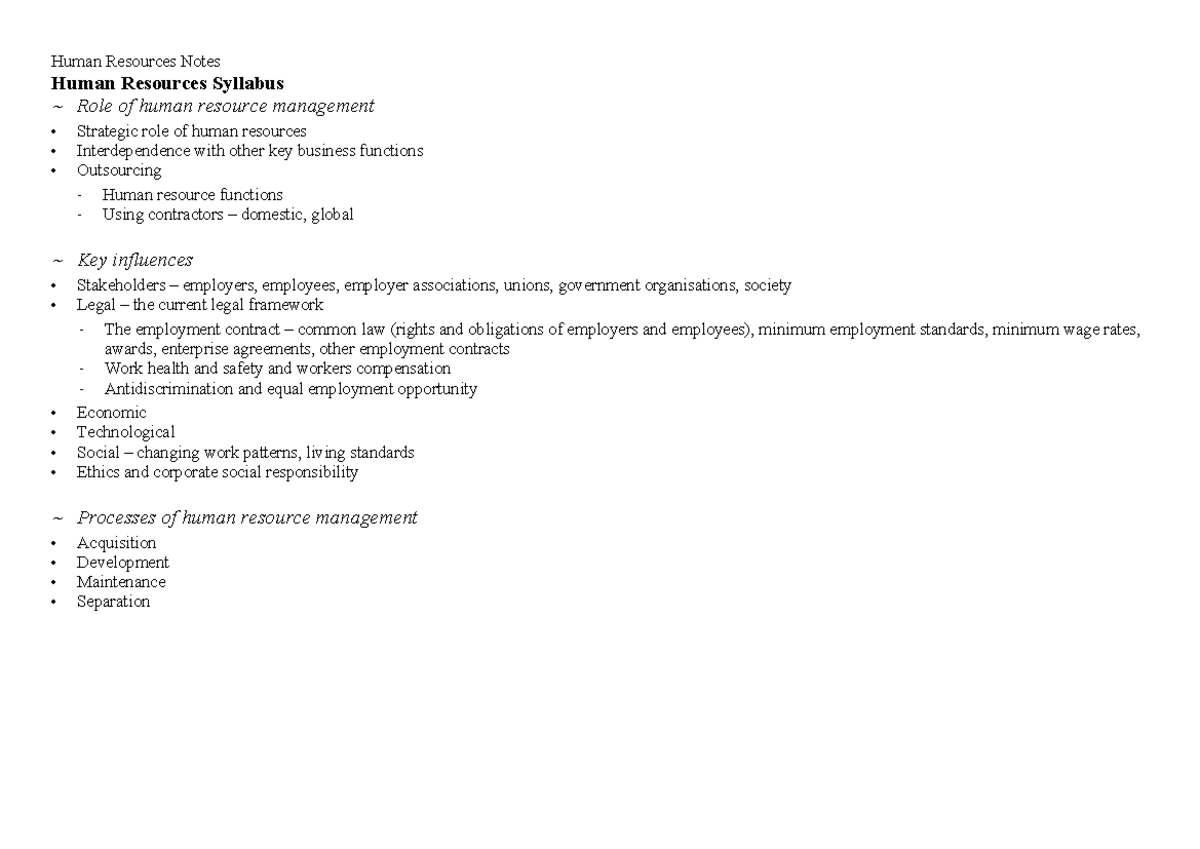 Human Resources Syllabus note table - Human Resources Syllabus ~ Role ...