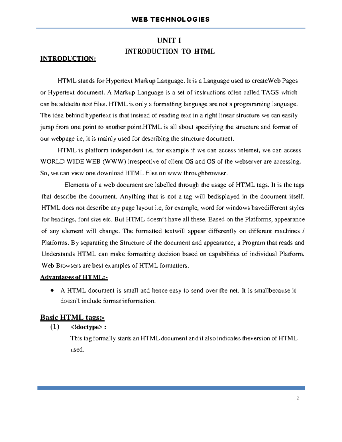 Html 6th sem - INTRODUCTION: UNIT I INTRODUCTION TO HTML HTML stands for Hypertext Markup ...