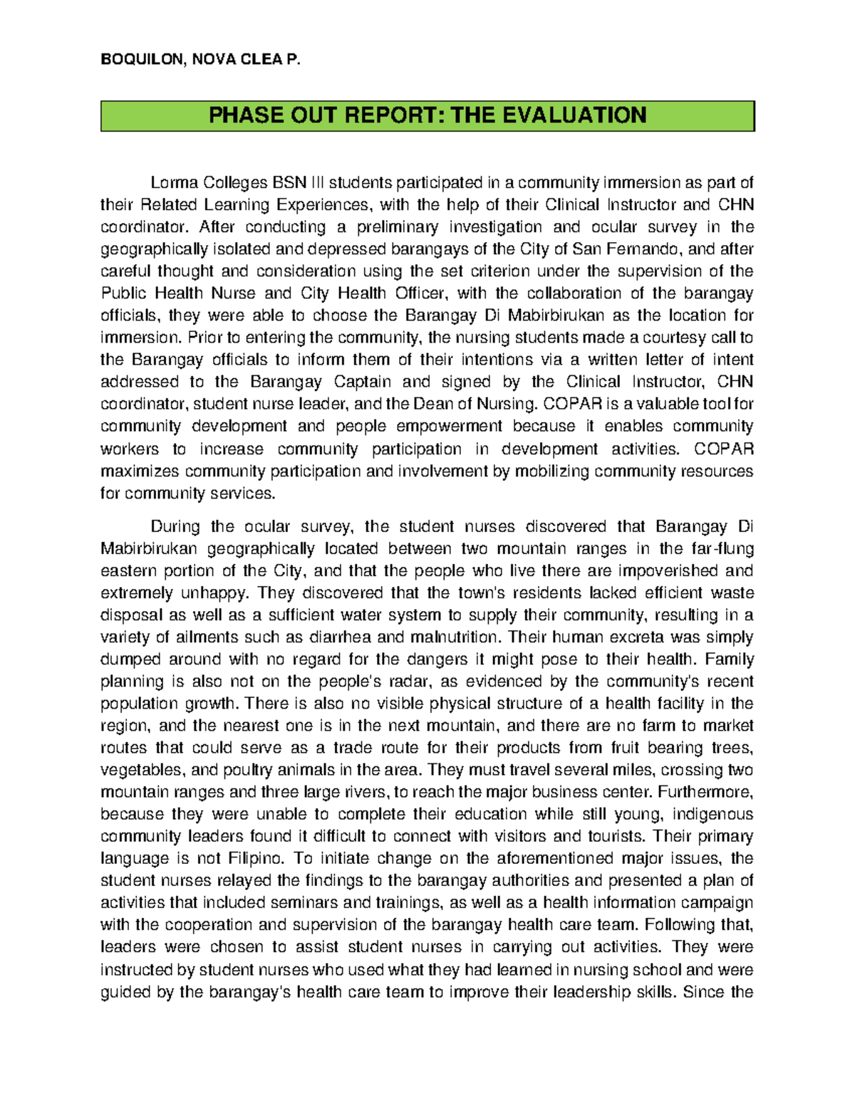 Boquilon Phase OUT Report -Evaluation - BOQUILON, NOVA CLEA P. PHASE ...