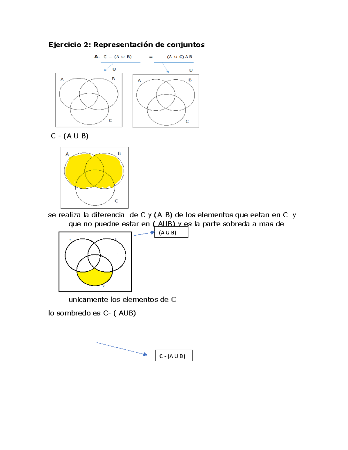 Ejercicio 2 Y 4 Correcion - Ejercicio 2: Representación de conjuntos C - (A U B) se realiza la ...