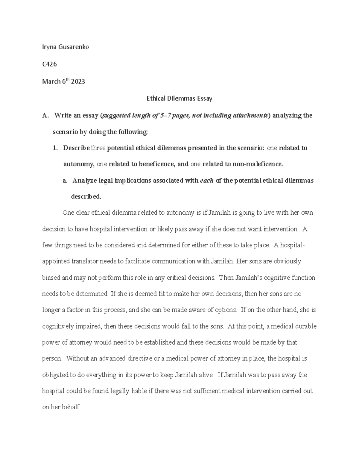 C426 performance assessment - Iryna Gusarenko C March 6th 2023 Ethical ...