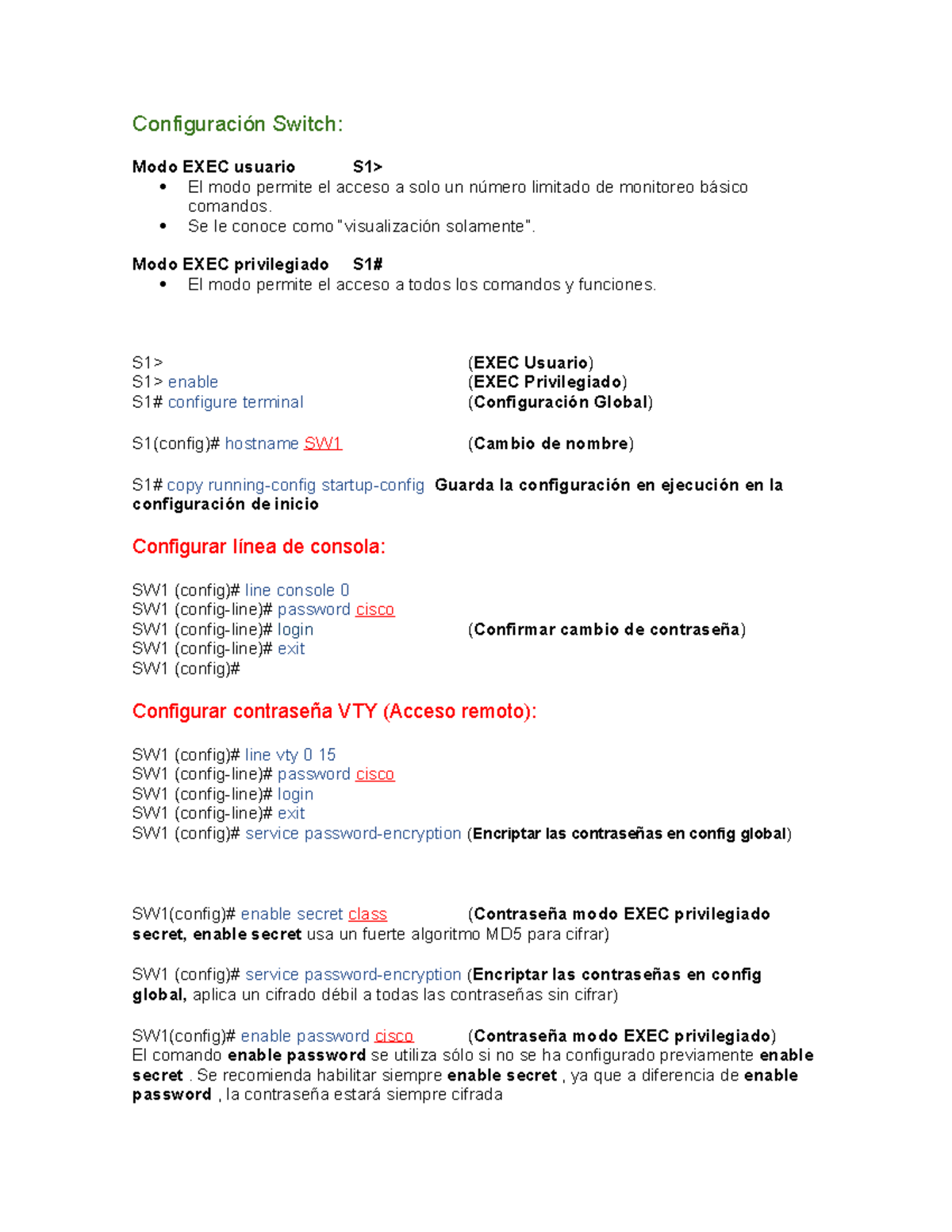 Configuración Switch - REDES II - Configuración Switch: Modo EXEC ...