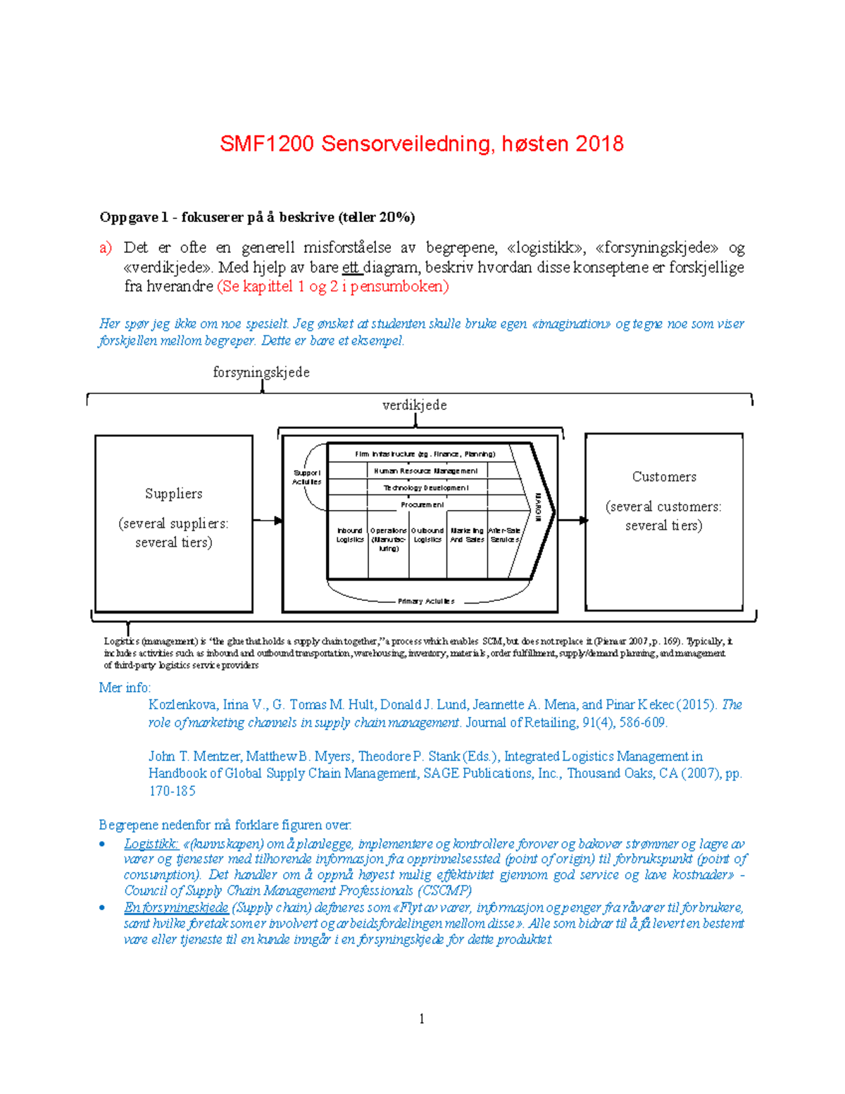 Logistikkledelse - SMF1200 Sensorveiledning, høsten 2018 Oppgave 1 - fokuserer på å beskrive ...
