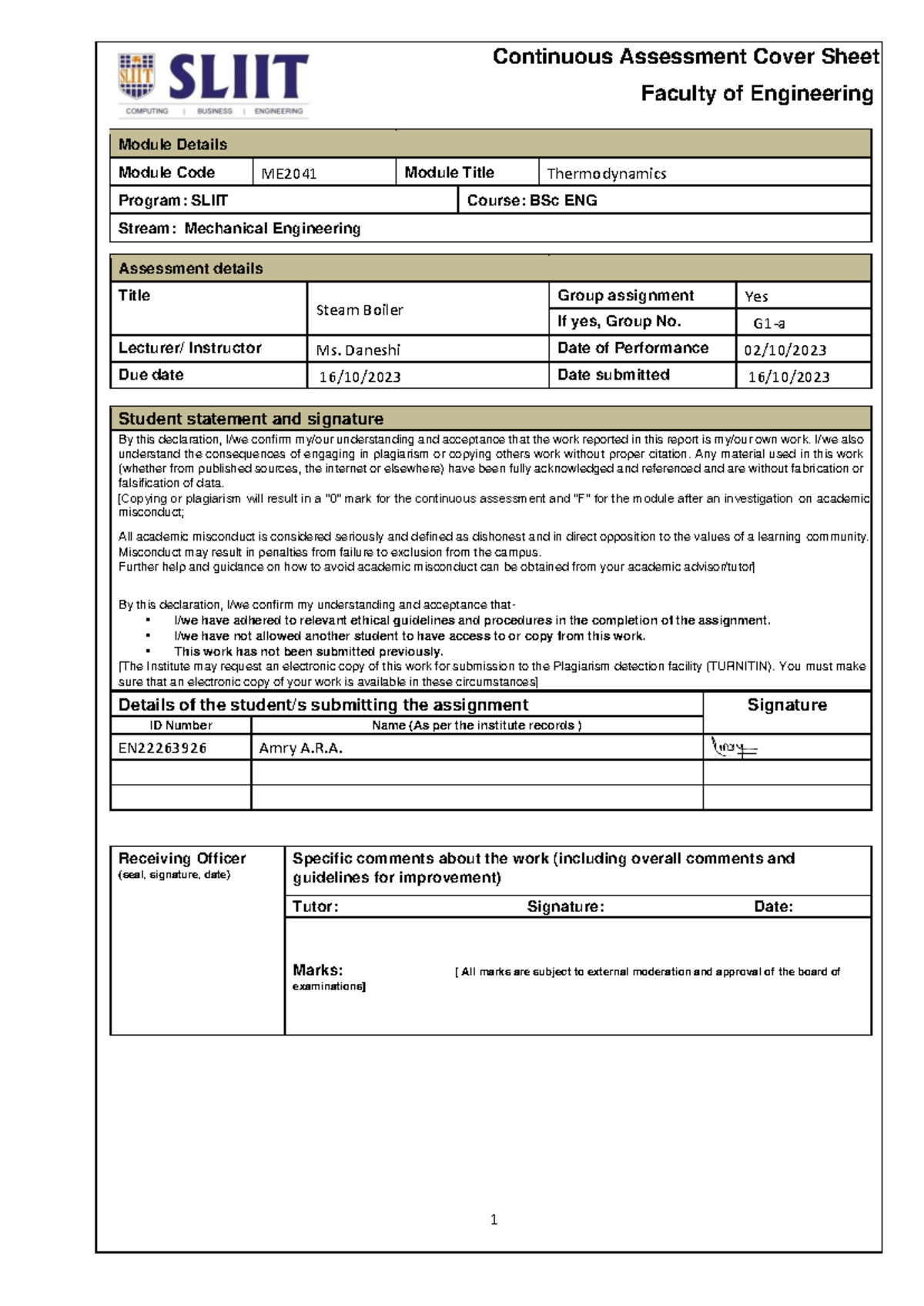 Steam Boiler - Continuous Assessment Cover Sheet Faculty of Engineering ...
