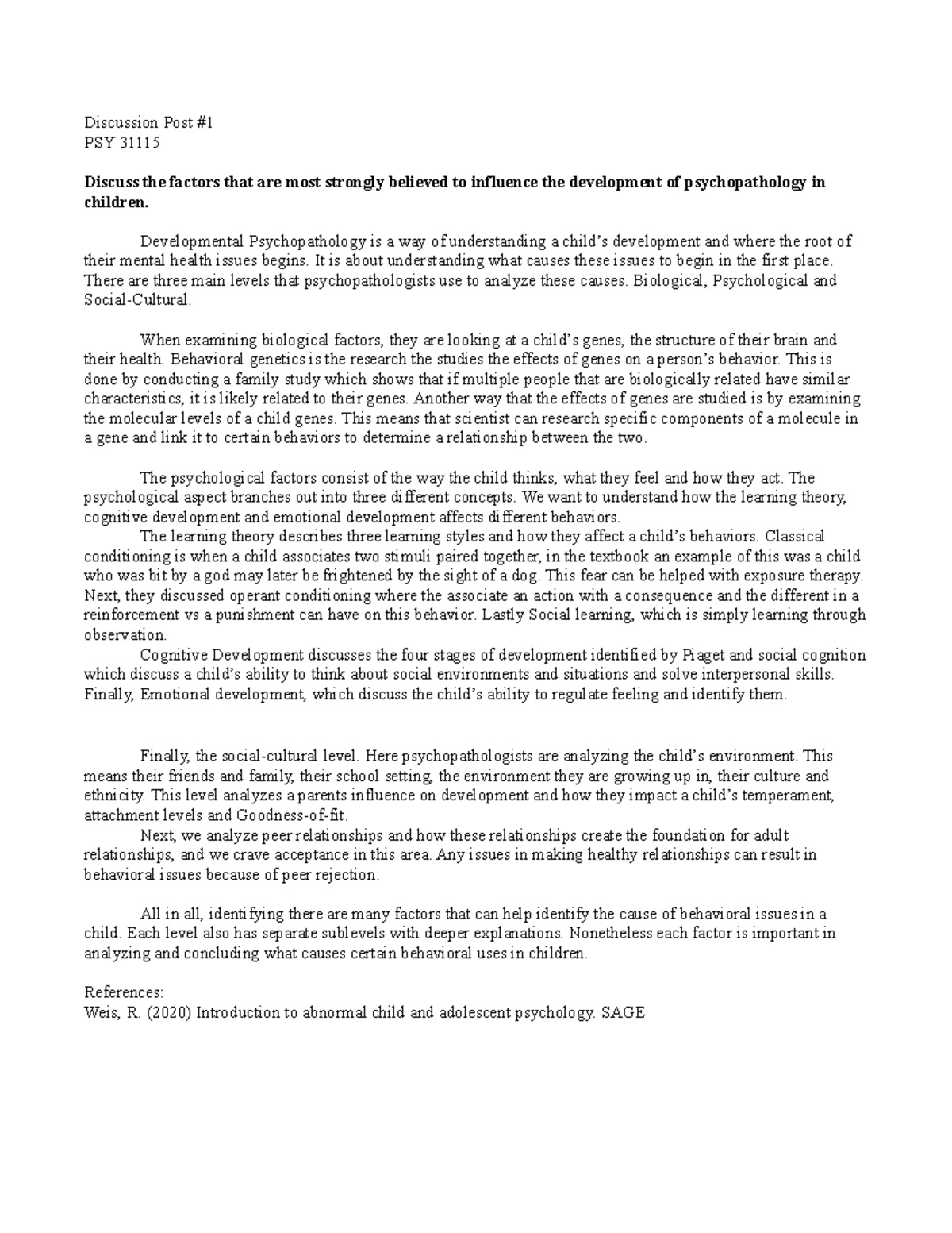 Discussion Post 1 - n'a - Discussion Post # PSY 31115 Discuss the ...