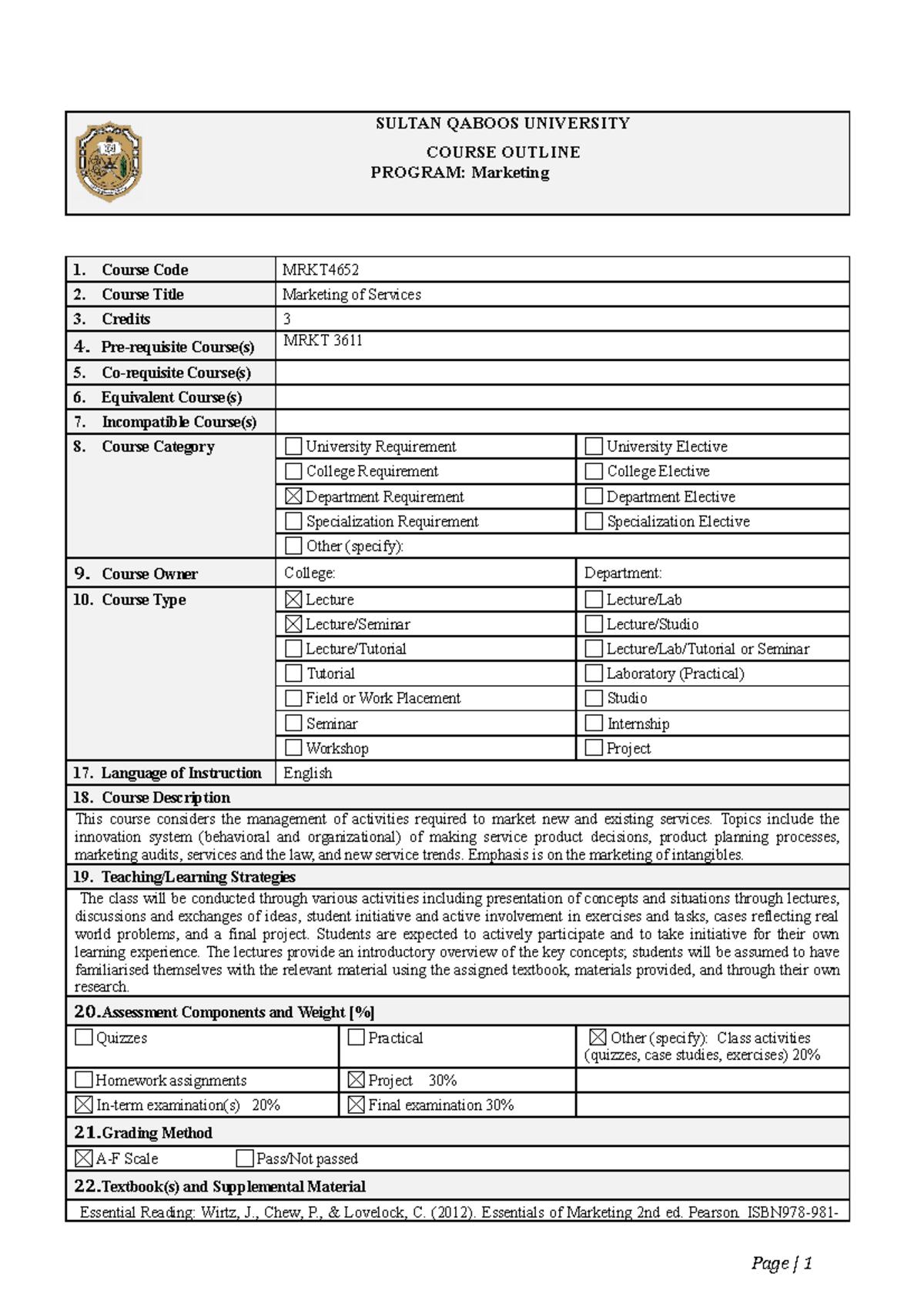 MRKT4652 Course Outline Fall 2022 - SULTAN QABOOS UNIVERSITY COURSE ...