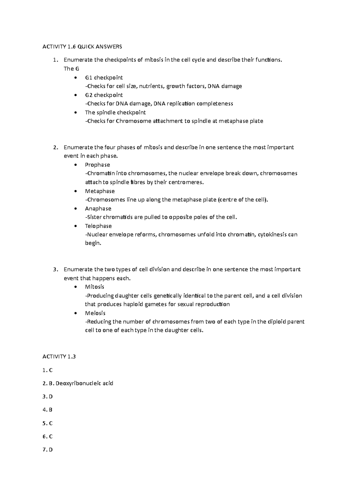 Biology book activity - ACTIVITY 1 QUICK ANSWERS Enumerate the ...