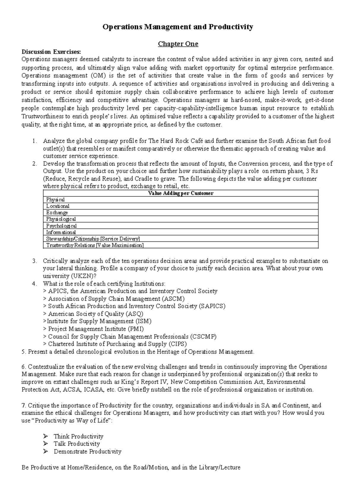 Chapter One - Discussions - Operations Management and Productivity ...