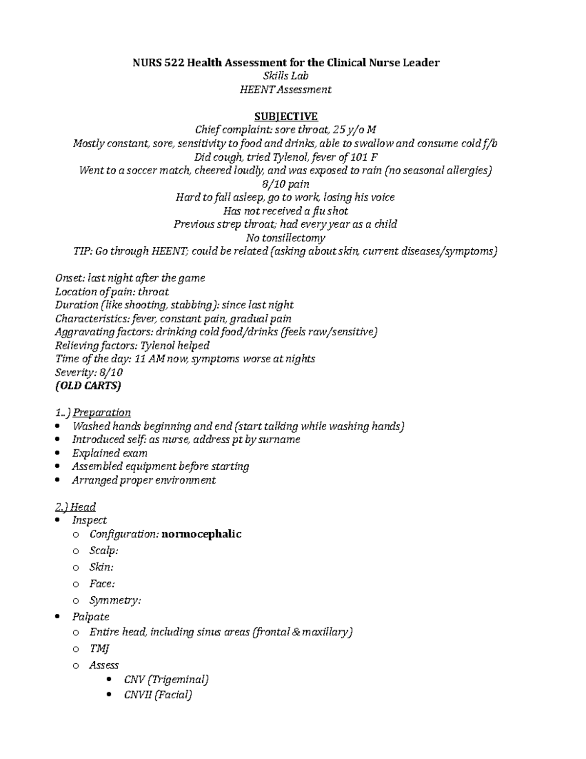 Heent Worksheet - NURS 522 Health Assessment for the Clinical Nurse ...