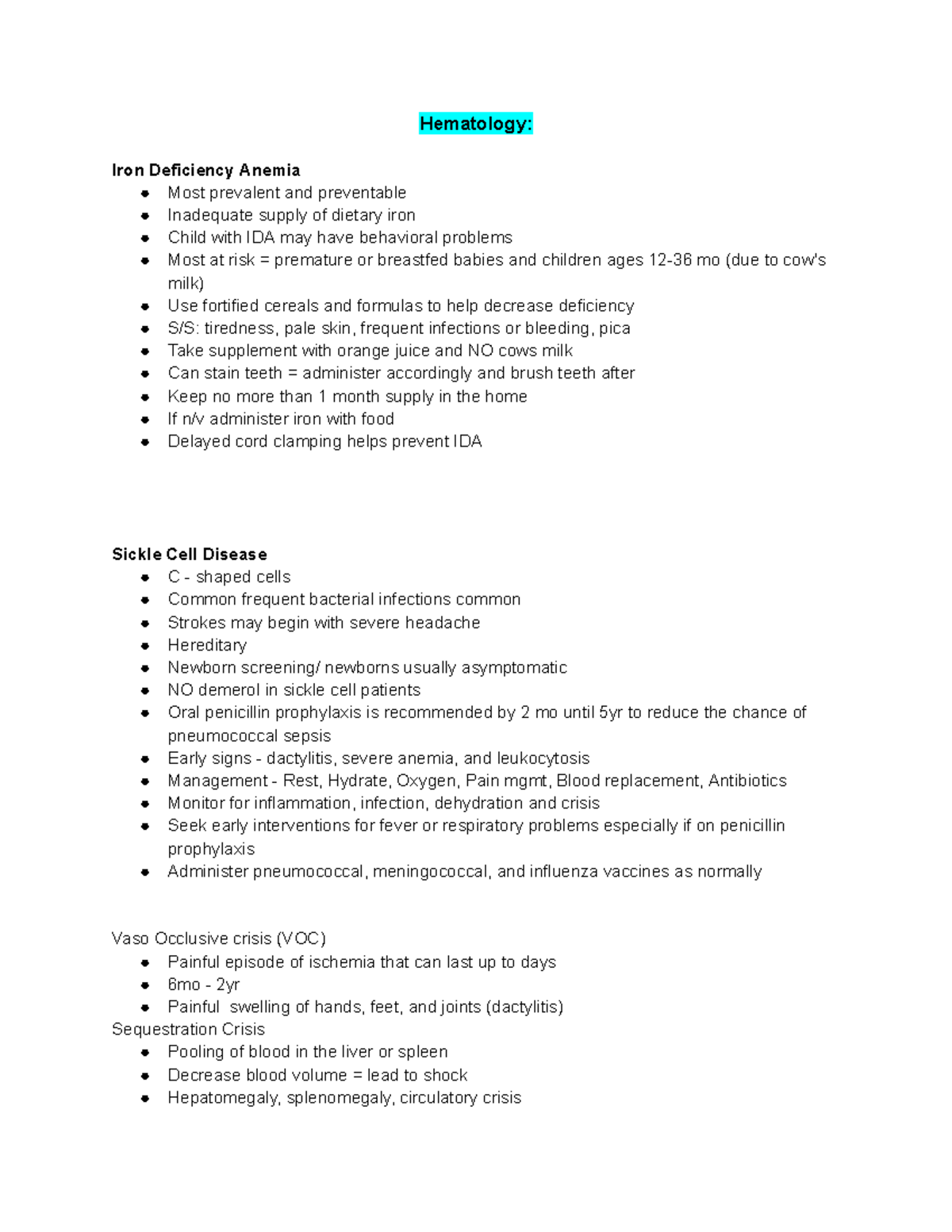 Unit 9 study guide - Hematology: Iron Deficiency Anemia Most prevalent ...