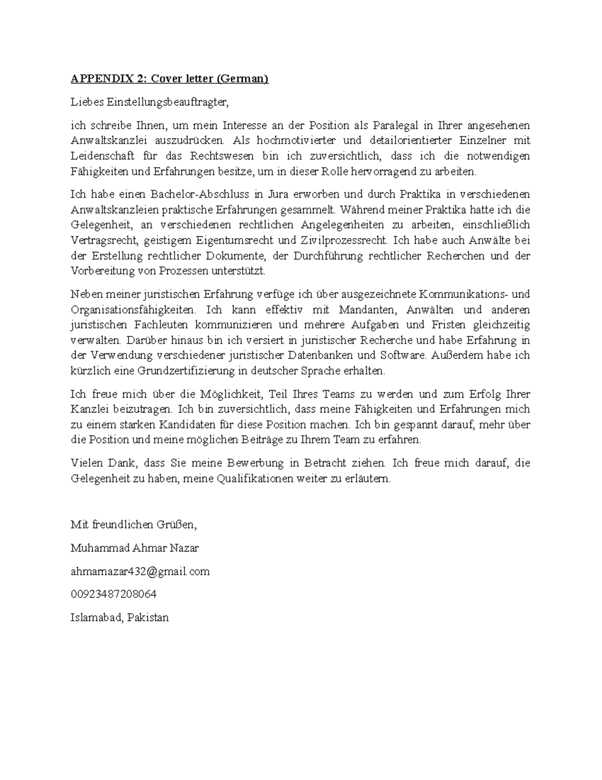 Cover letter - you are good? - APPENDIX 2: Cover letter (German) Liebes ...