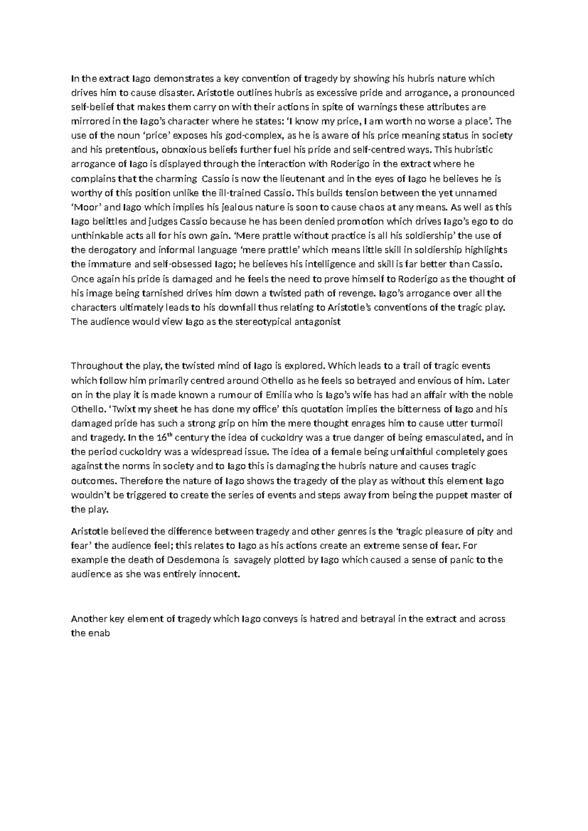 Othello exam q - planning essay using structure - In the extract Iago ...
